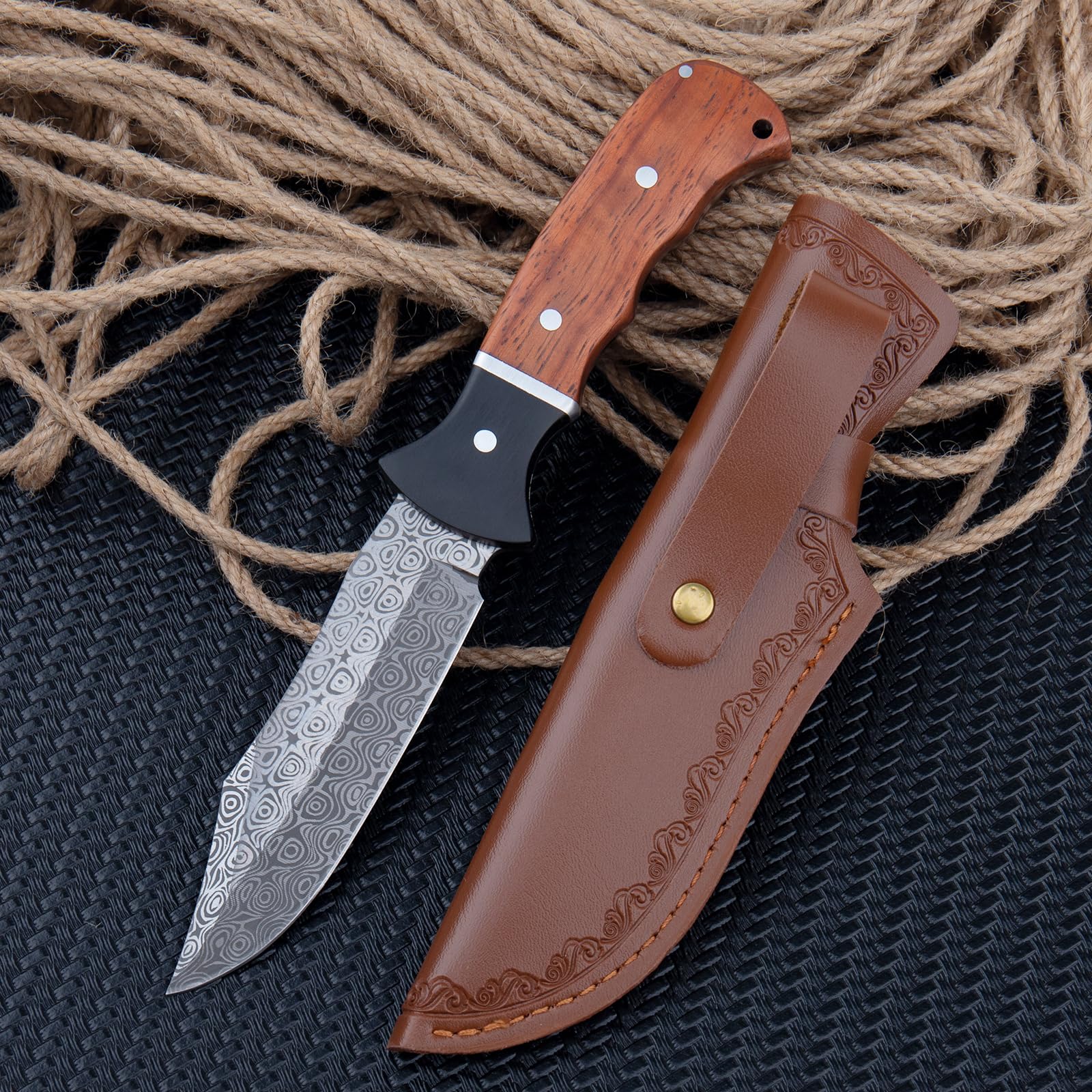Fixed Blade Knife with Sheath, Damascus Pattern Blade, Wooden Handle ...