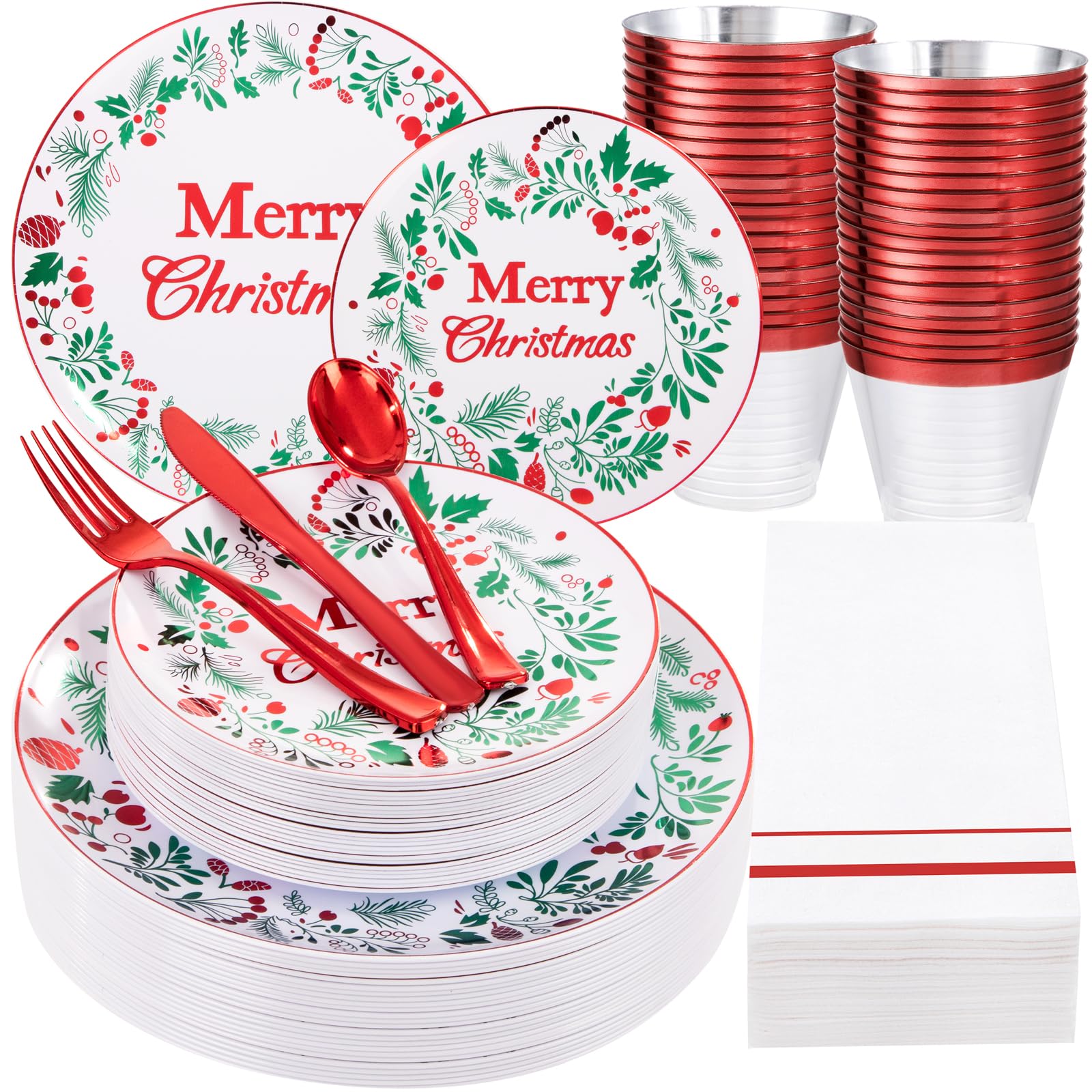 Amazon.com: bUCLA 175PCS Christmas Plates Dinnerware Set - Green and ...
