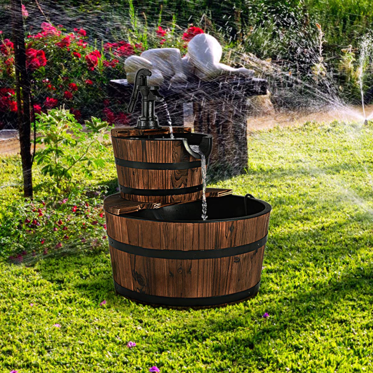 Barrel Garden Fountains 2 Tier Barrell Fountain With Pump Hardware