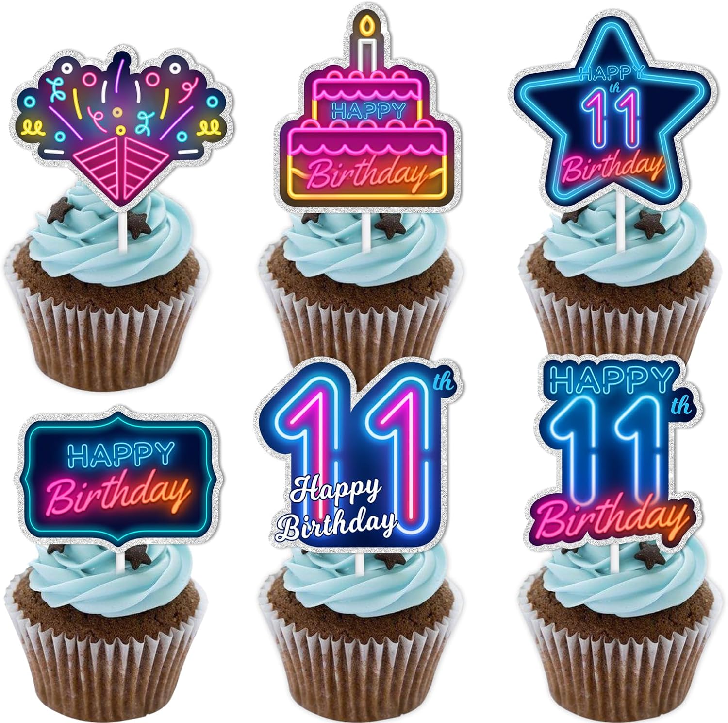 Amazon.com: 18pcs Blue Fluorescence Glitter Dessert Cupcake Topper ...