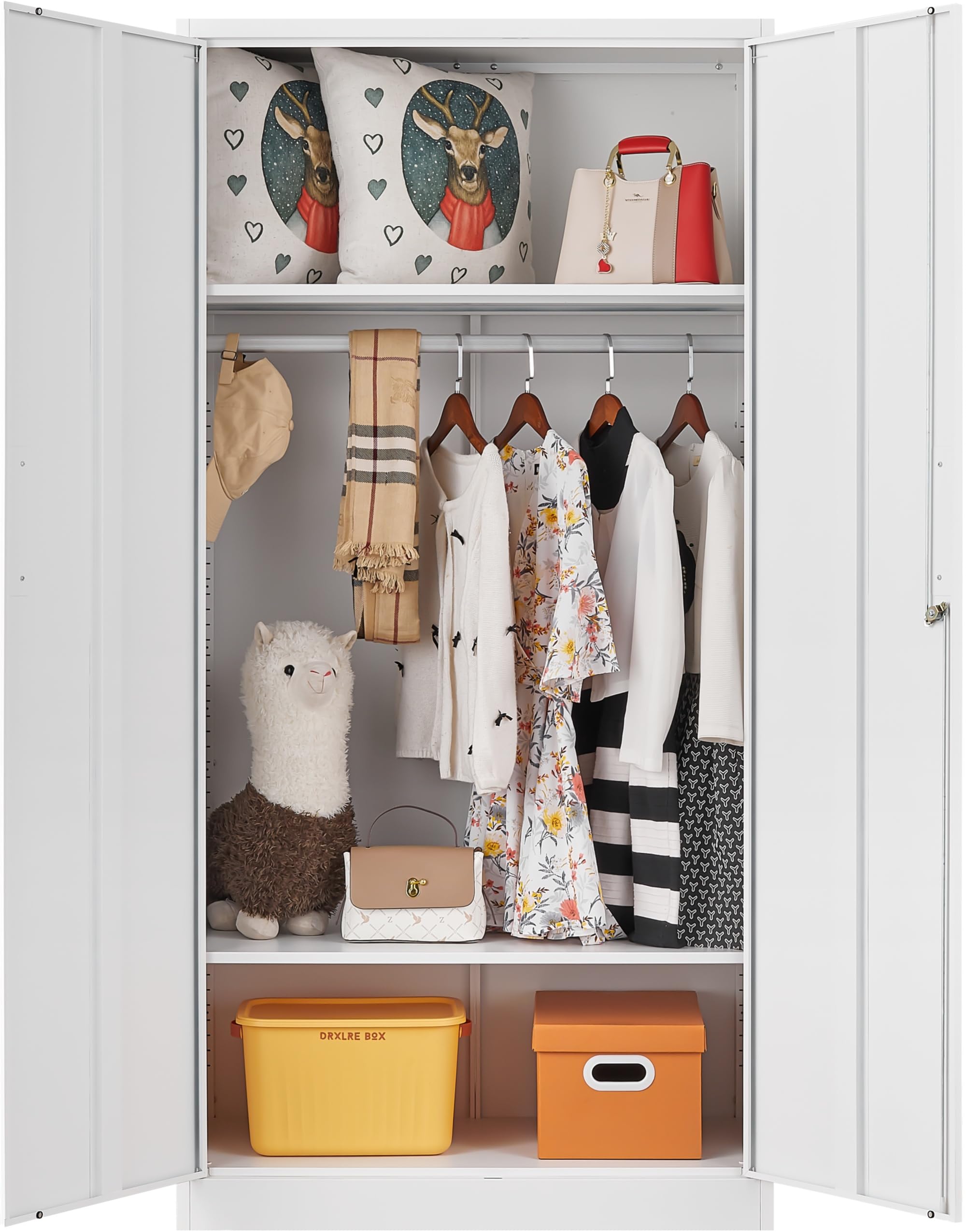 Amazon.com: Metal Wardrobe Cabinet with Hanging Rod & Lock,White ...