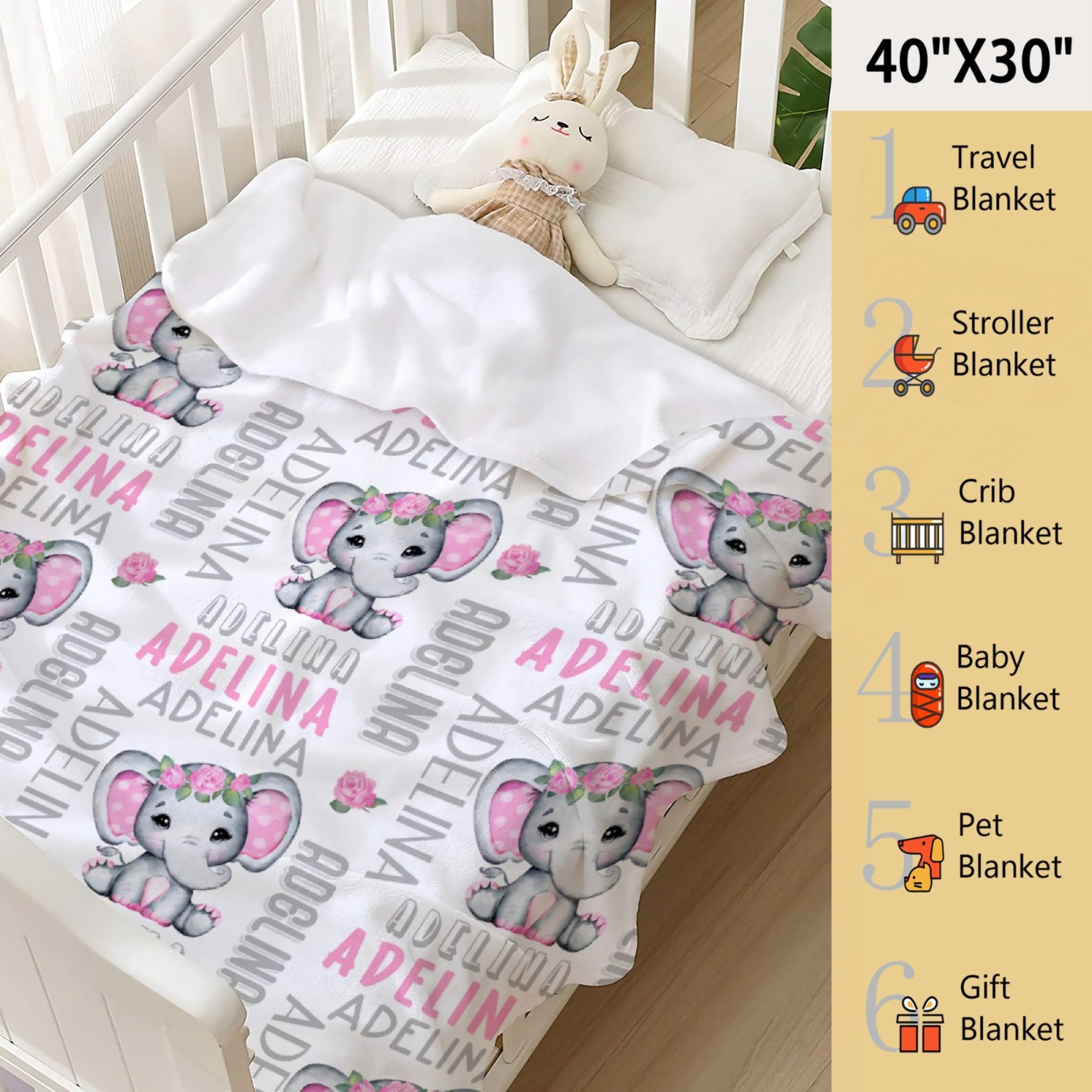 Personalized Pink Elephant Baby Blanket With Name, Custom Baby Elephant ...