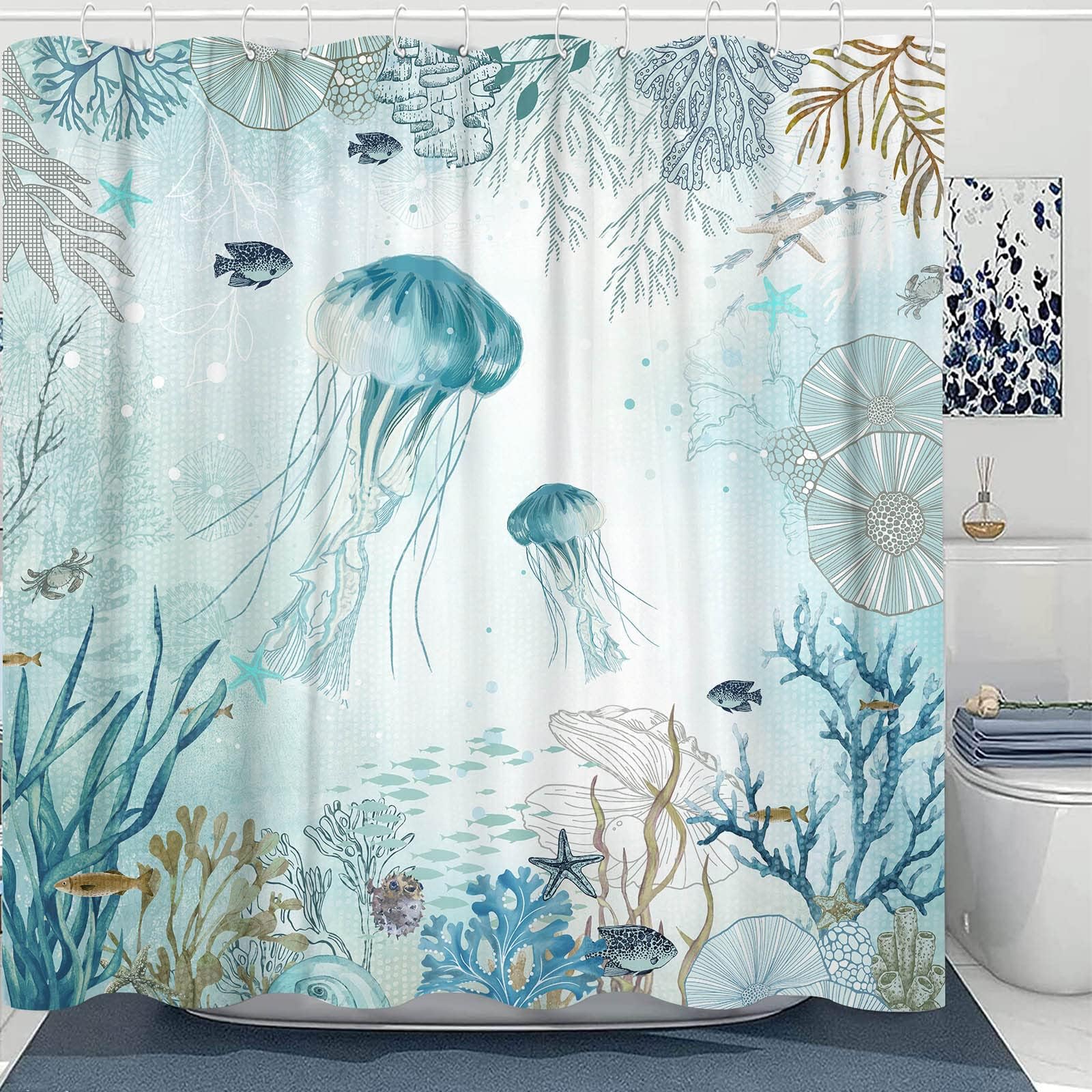 Amazon.com: Neasow Nautical Shower Curtain, Teal Jellyfish Beach Shell ...