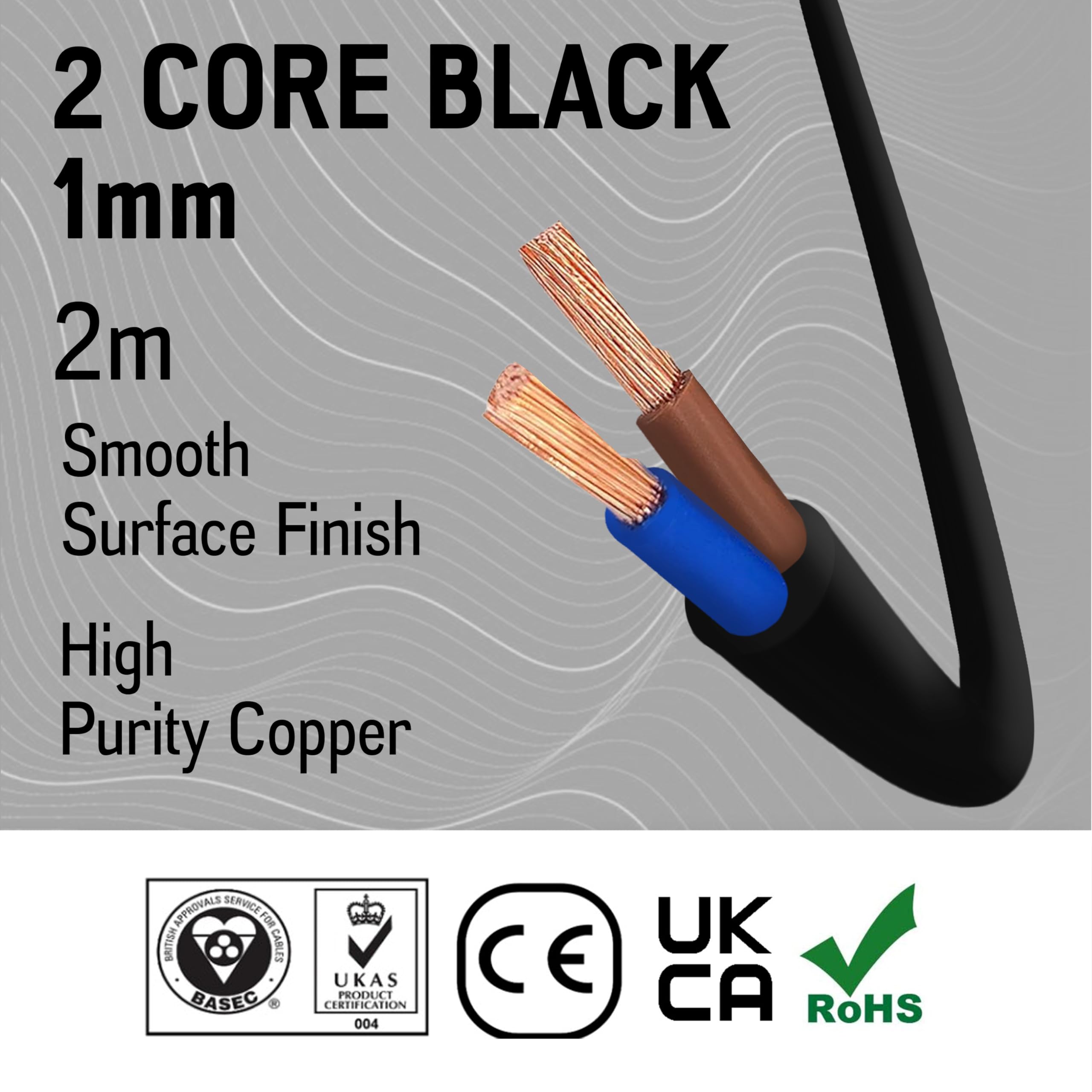 Primes DIY 2 Core Round Black Flex Flexible Cable, stranded electrical ...
