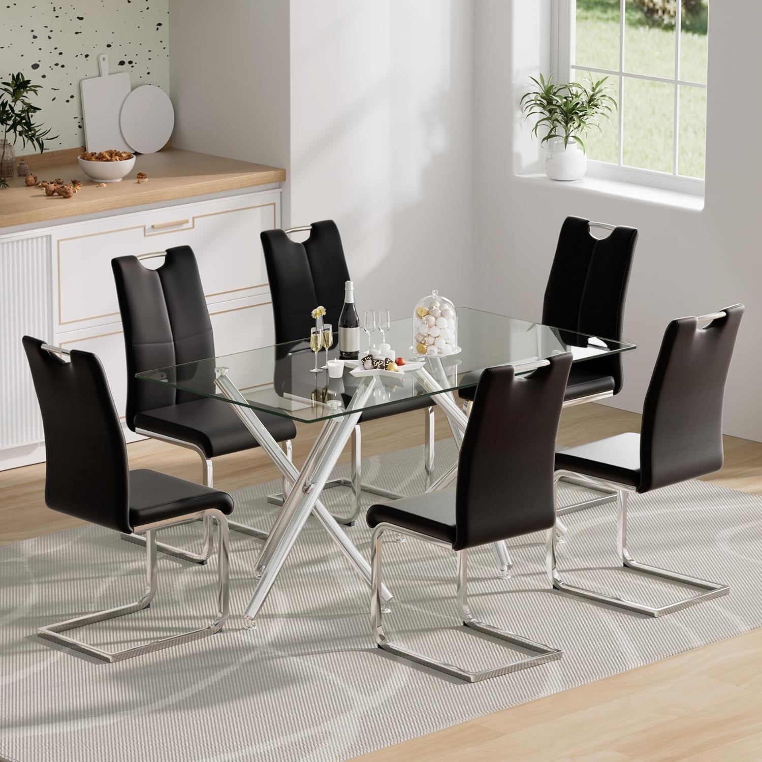 Amazon.com - 7 Piece Dining Table Set for 6, Glass Rectangle Dining ...