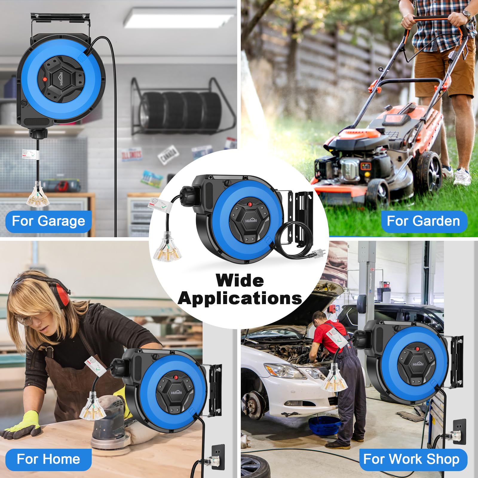 50FT+6.5FT Retractable Extension Cord Reel, Wall/Ceiling Mounted ...