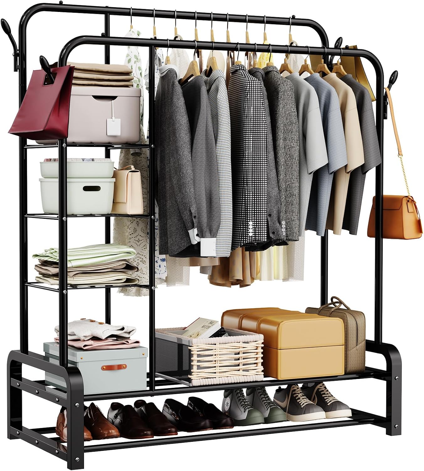 LOEFME Clothes Rail with 4 Hooks and Storage Shelves, Heavy Duty ...