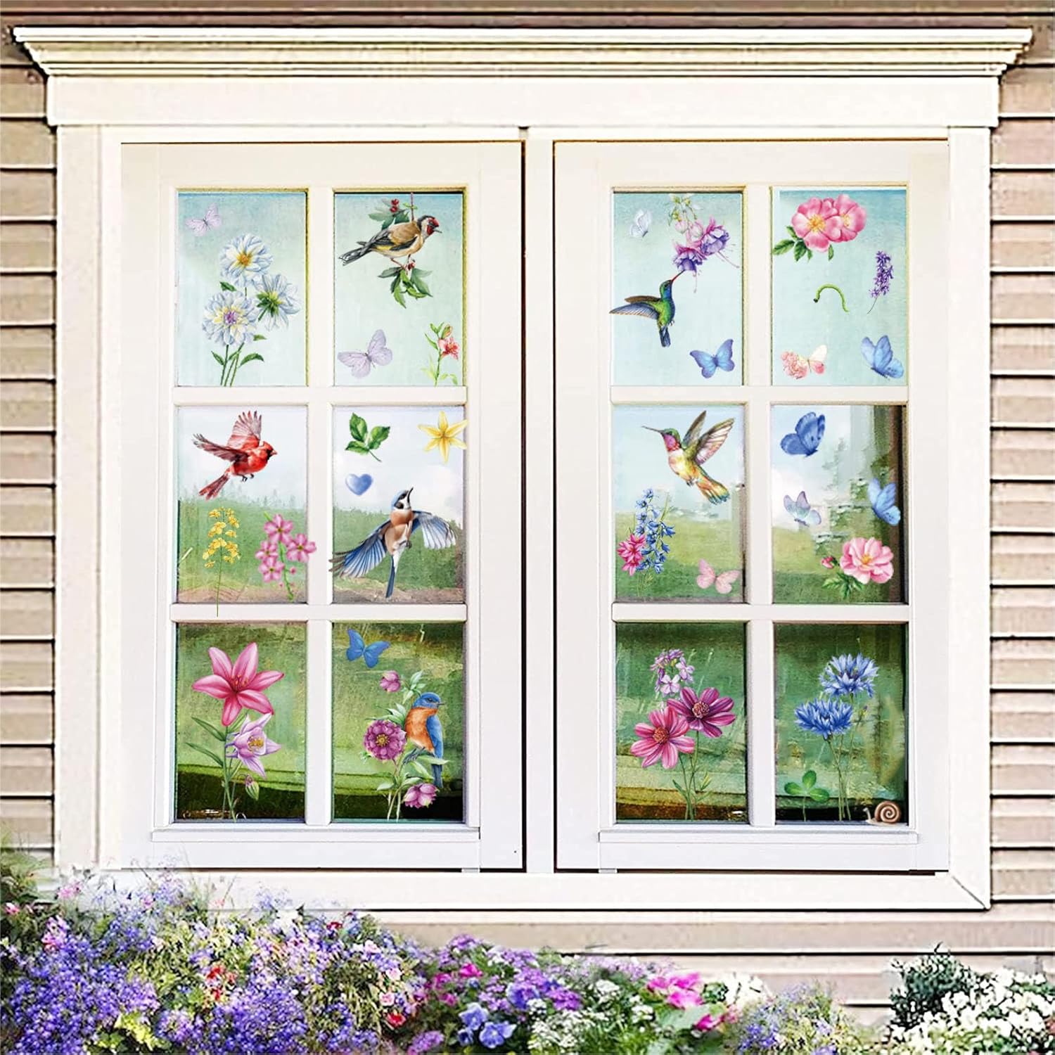 Amazon.com: Spring Summer Window Clings 9 Sheets Butterfly Flower Birds ...