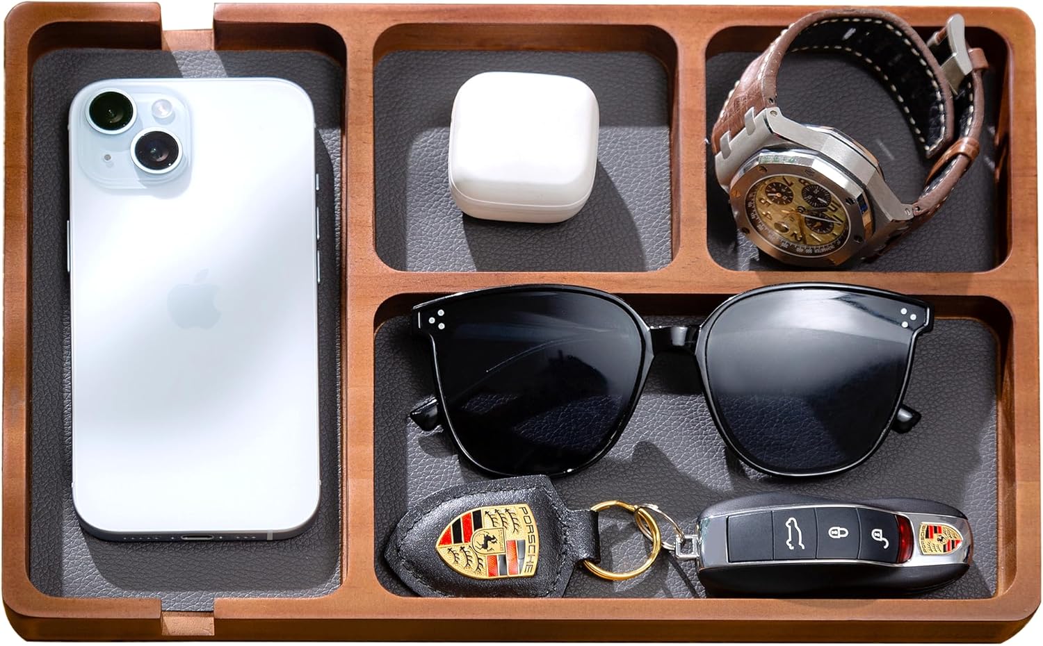 Shinpuru Wooden Valet Tray with Leather Inlay - Nightstand & Desk ...
