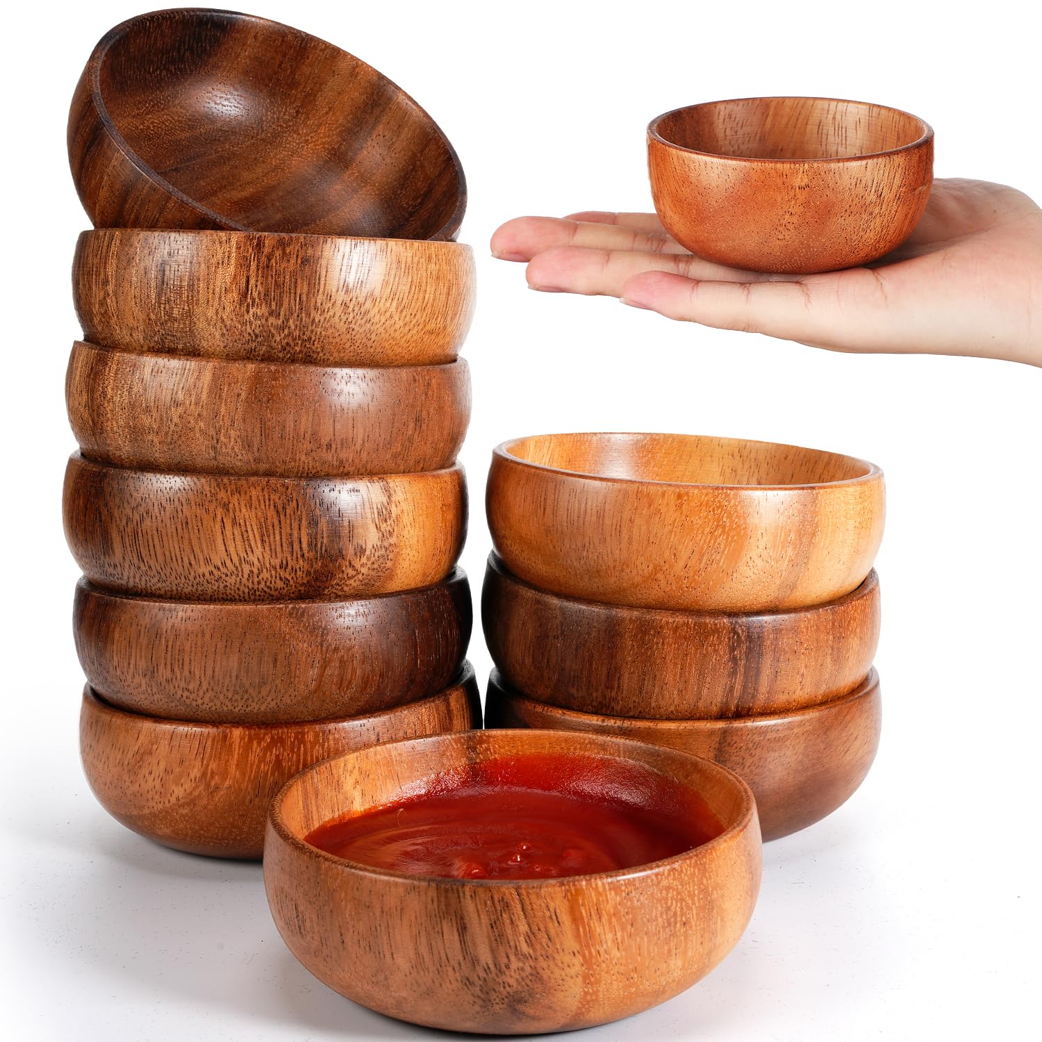 Amazon.com | Skylety 10 Pcs Acacia Wooden Bowls Small Calabash Bowls Round Wood Salad Bowl Hand ...