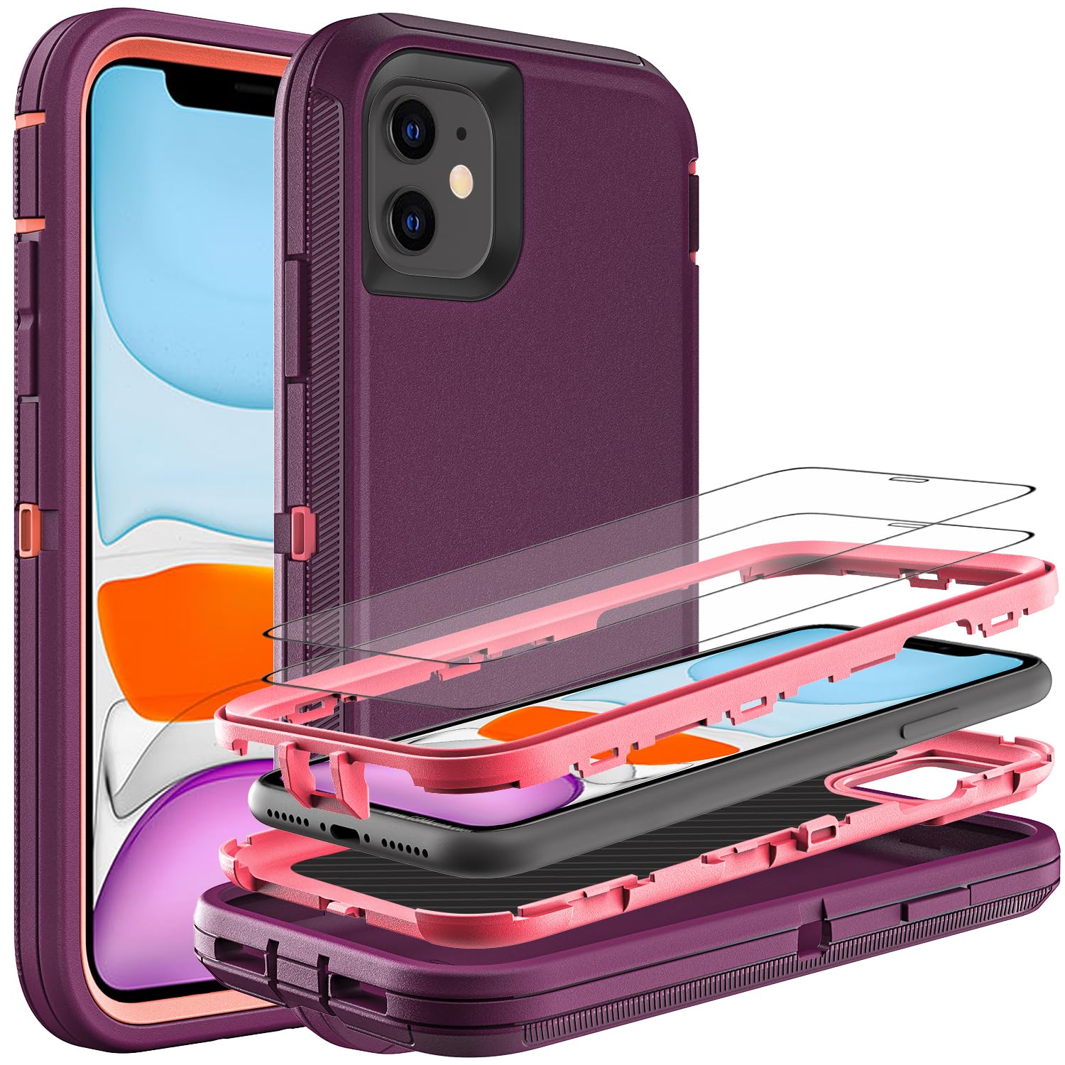 Amazon.com: HONG-AMY for iPhone 11 Case, Heavy Duty Protection 3-Layers ...