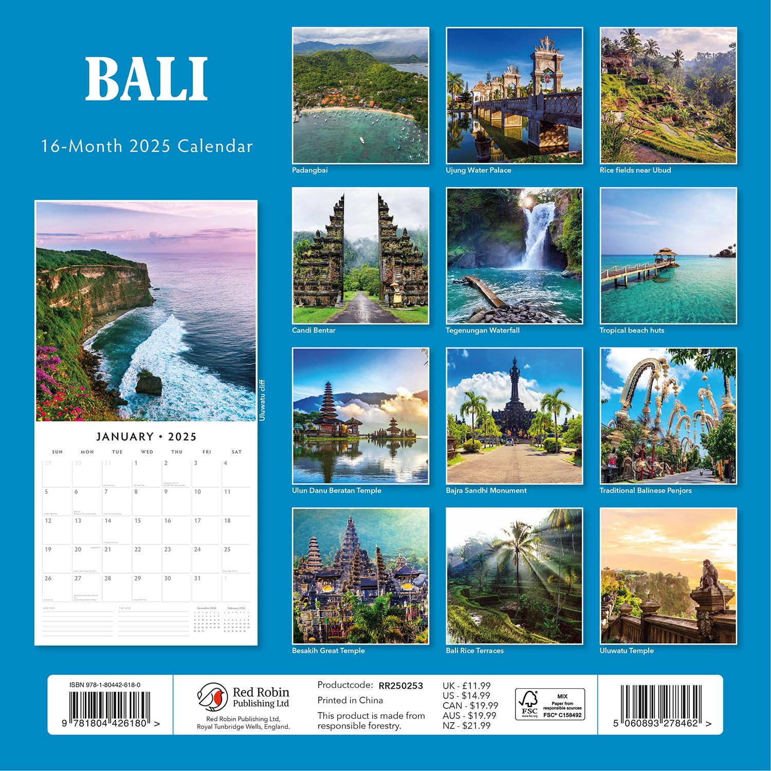 Bali – 2025 Square Wall Calendar – by Red Robin Publishing – BigaMart