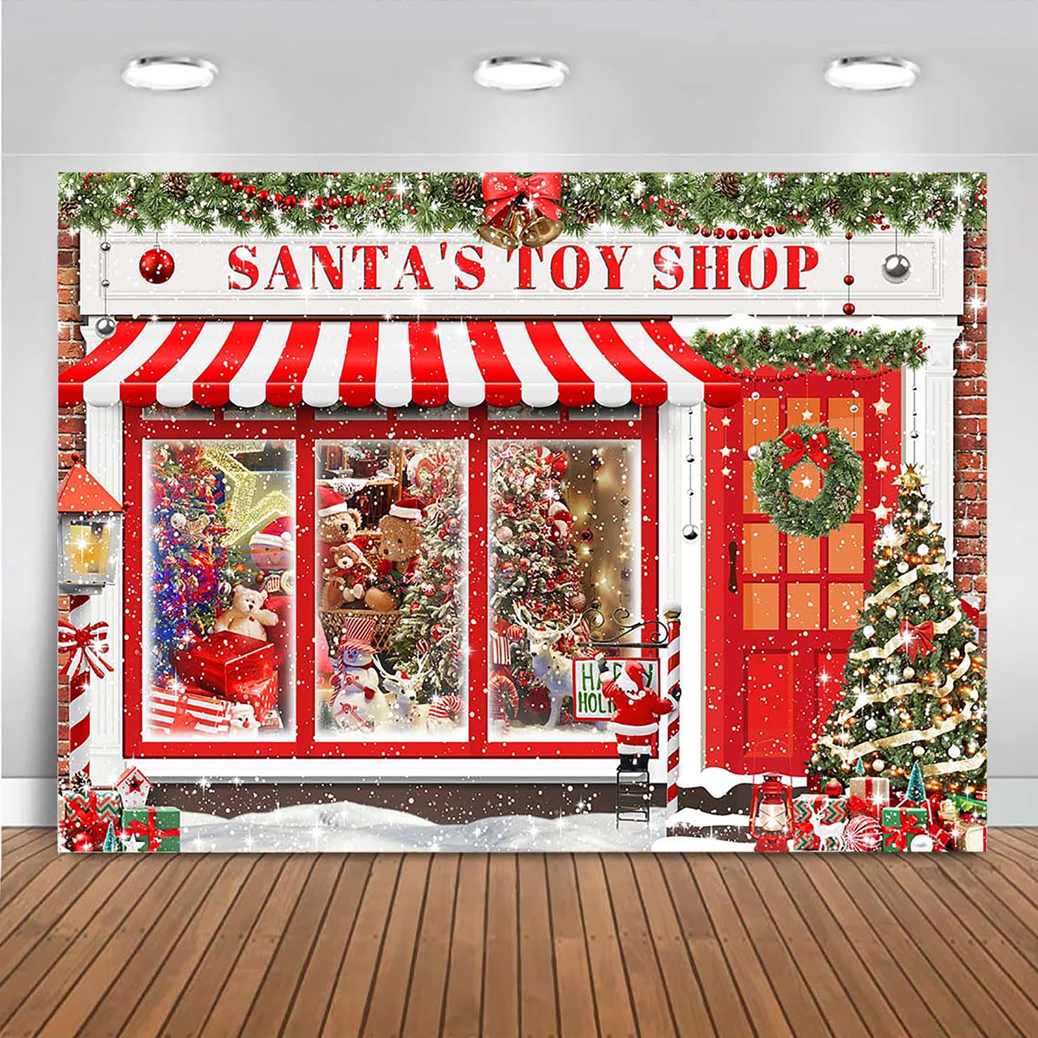 Amazon.com : Mocsicka Red Christmas Backdrop Santas Workshop Backdrop ...