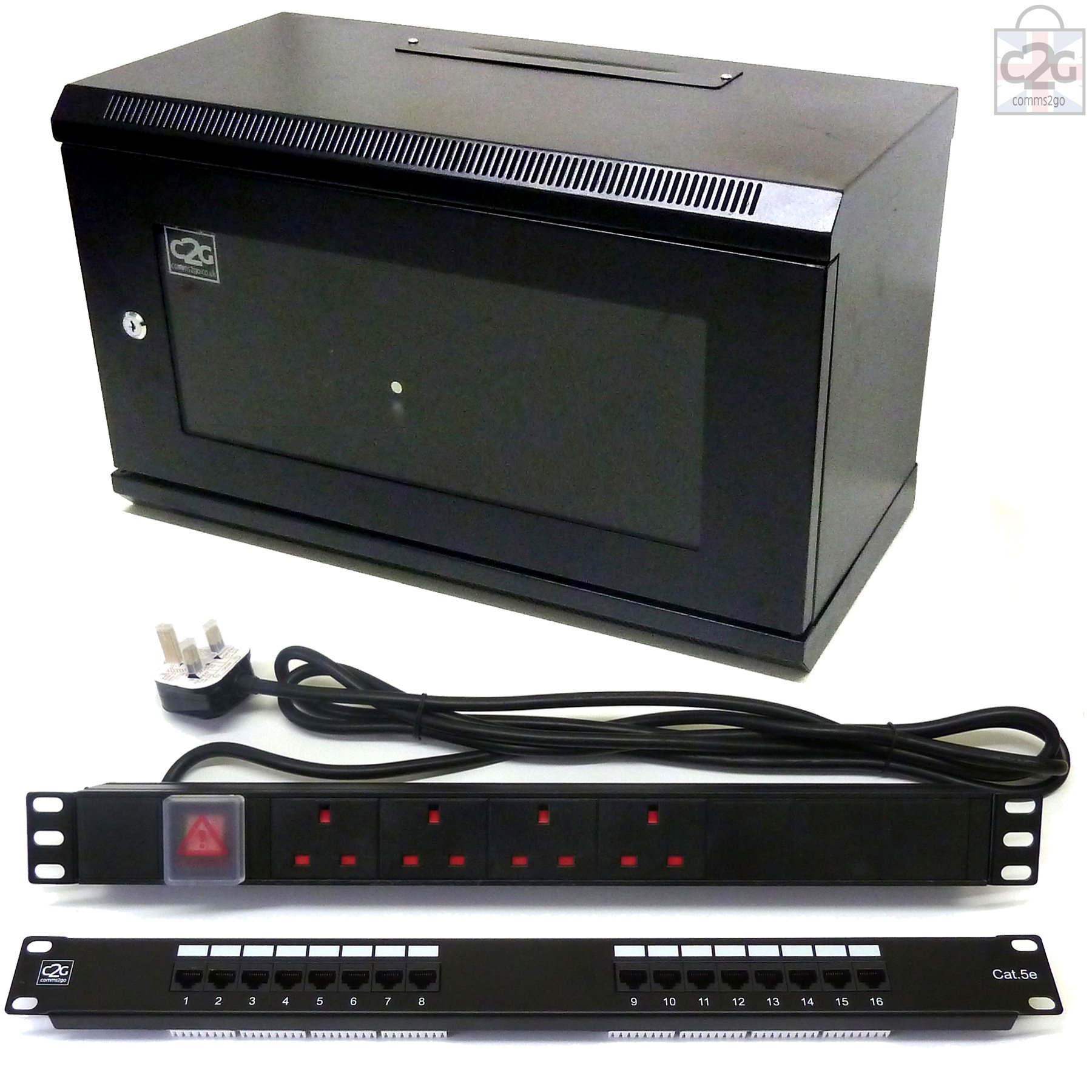 Buy 6U 300mm Black Wall Data Cabinet + 4 Way Power Unit + 16 Port Cat ...