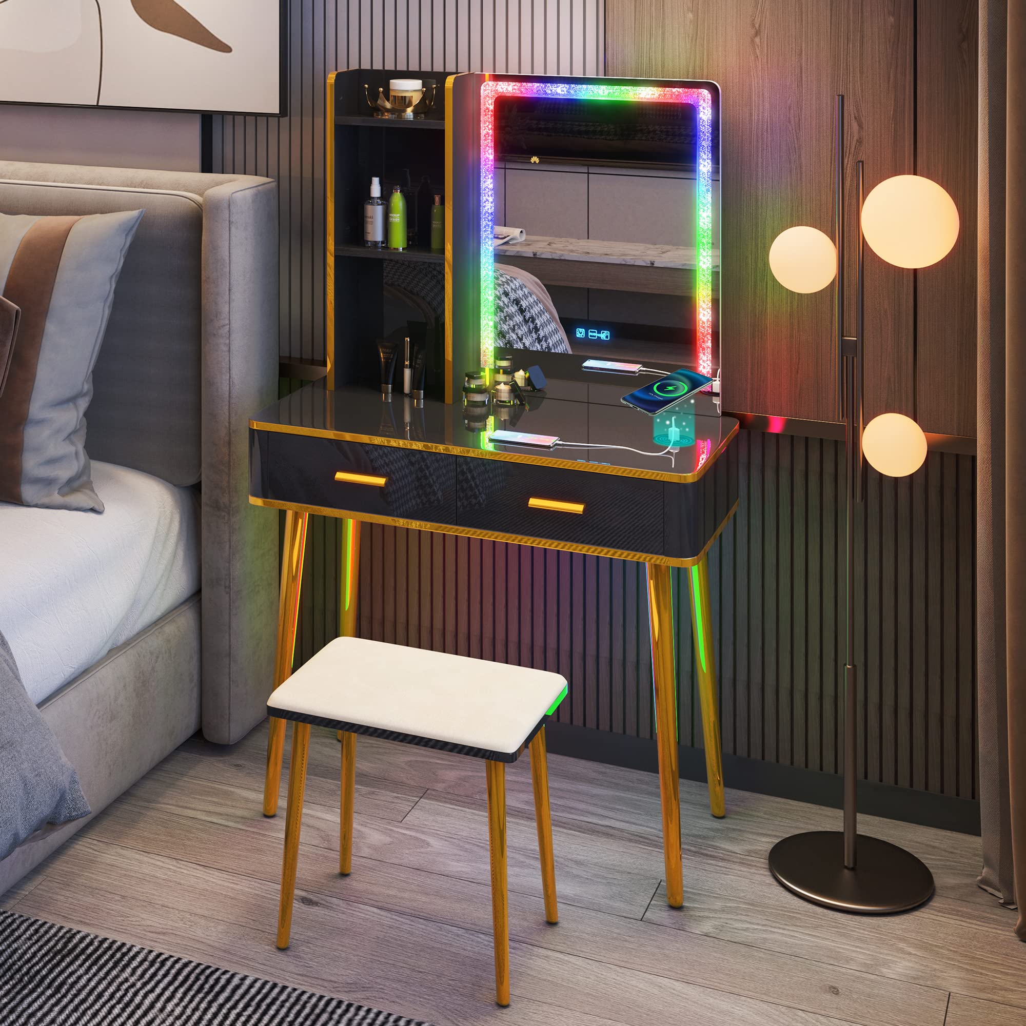 LVSOMT Vanity Table with Crystal Crush Diamond Mirror, Vanity Desk Set ...