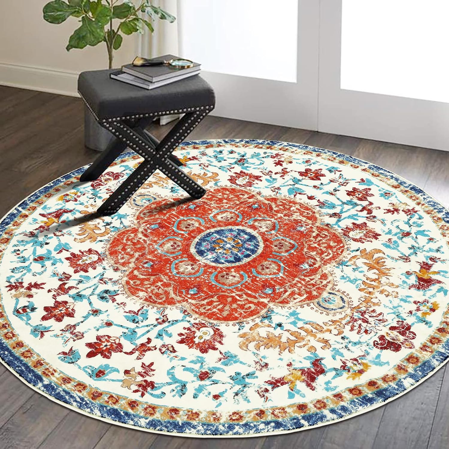 Amazon.com: HEBE Boho Round Area Rug 4Ft Non Slip Washable Rug for ...