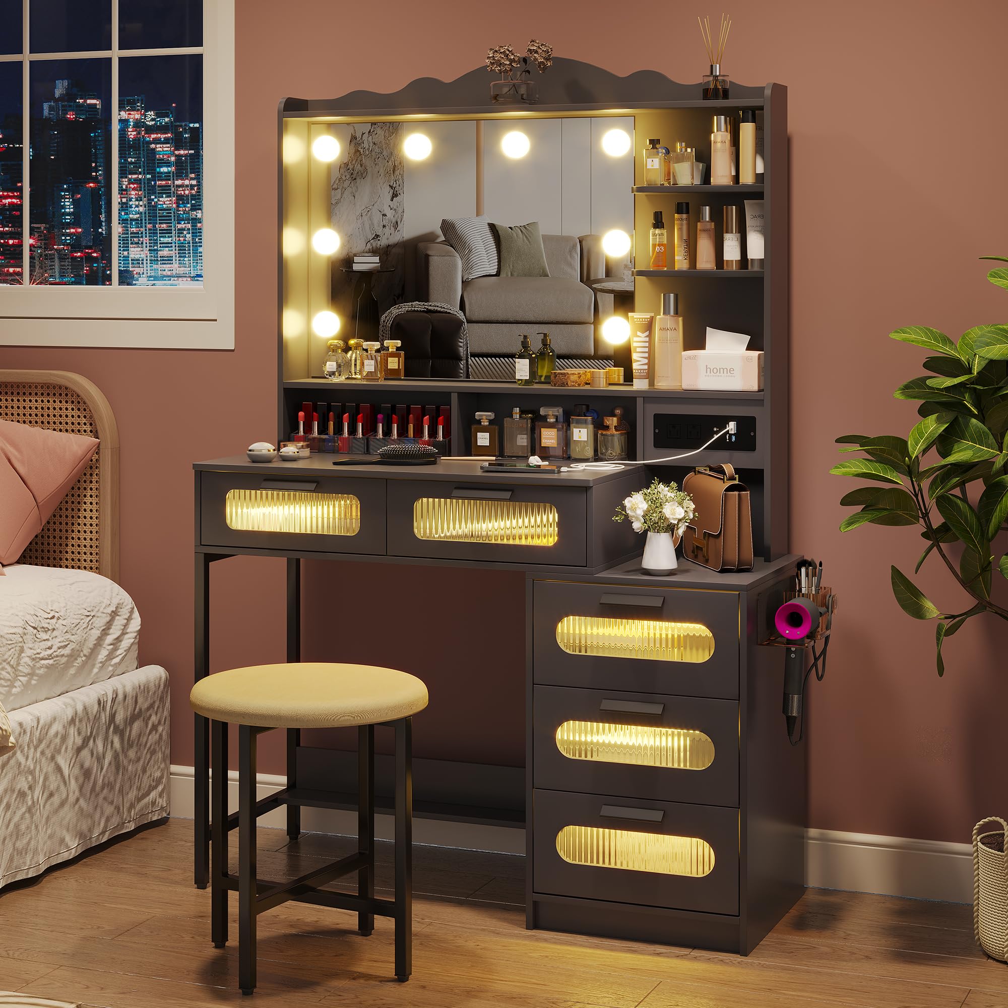 Amazon.com: dnbss Grey Vanity Desk with Mirror and Lights, 3 Colors ...