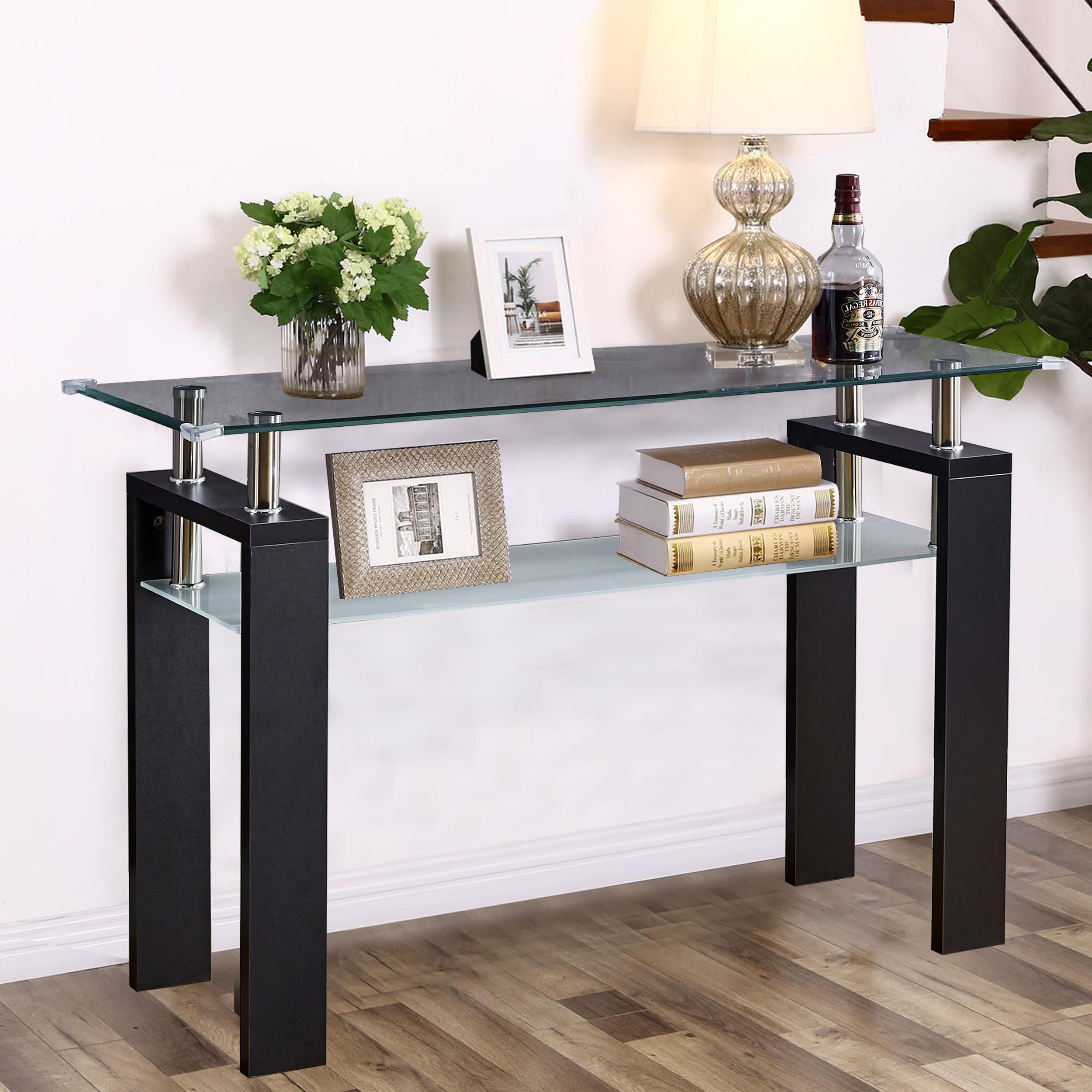 Office Furniture Console Table One Live Edge White Oak And Glass