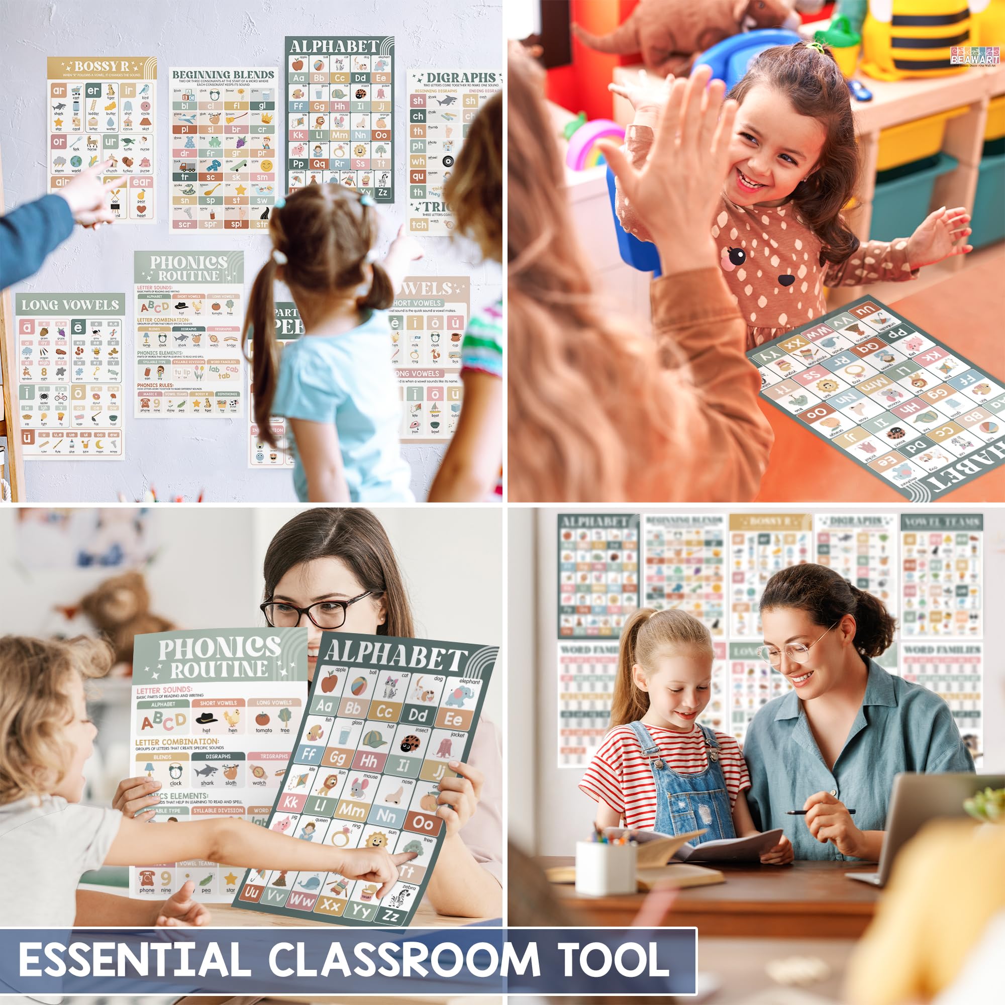 Snapklik.com : BEAWART 15 Pcs Boho Phonics Posters For Classroom