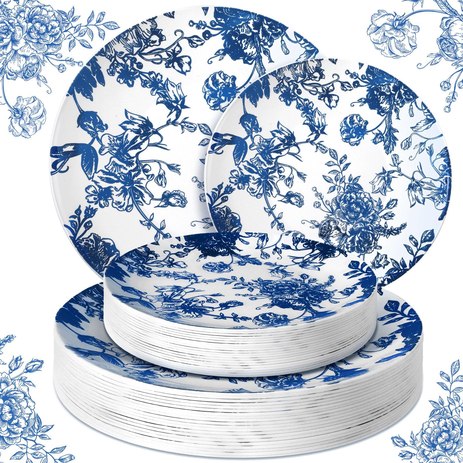 Amazon.com: Suclain 60 Pcs Blue and White Floral Plastic Plates Wedding ...