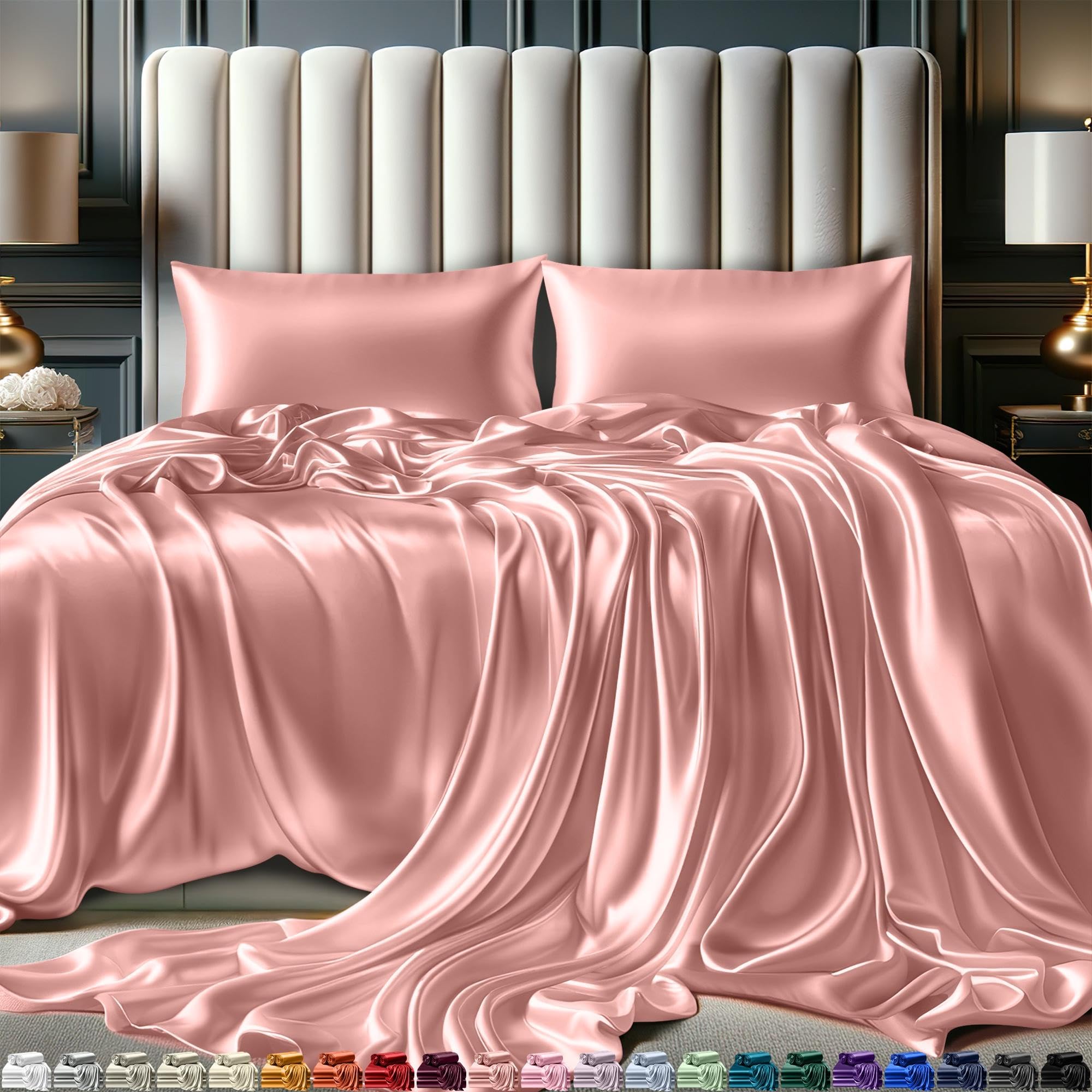 Amazon.com: DECOLURE Satin Bed Sheets - 4 Piece Luxury Silky King Size ...