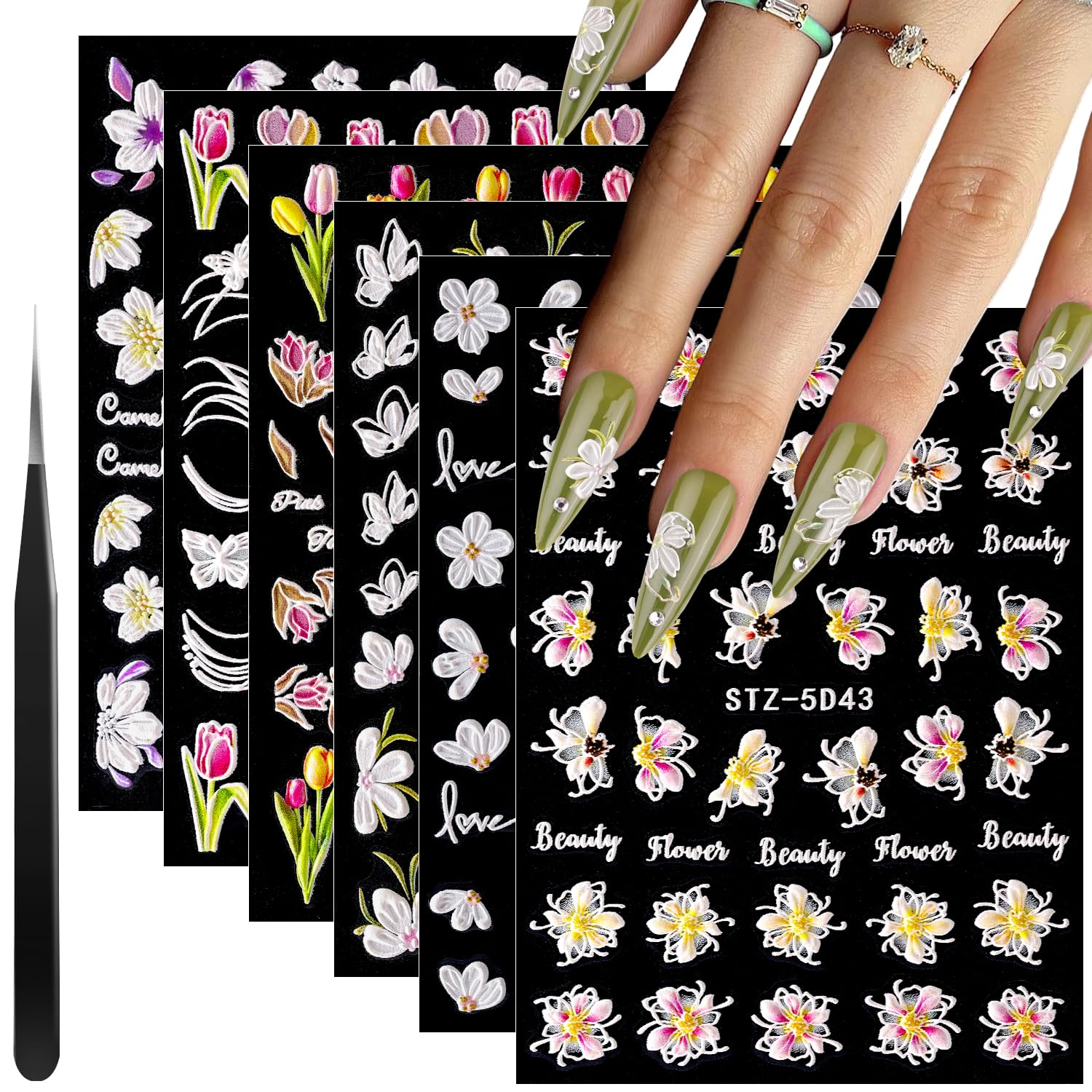 Amazon.com: 6 Sheets 5D Flower Nail Stickers for Nail Art, 3D Embossed ...