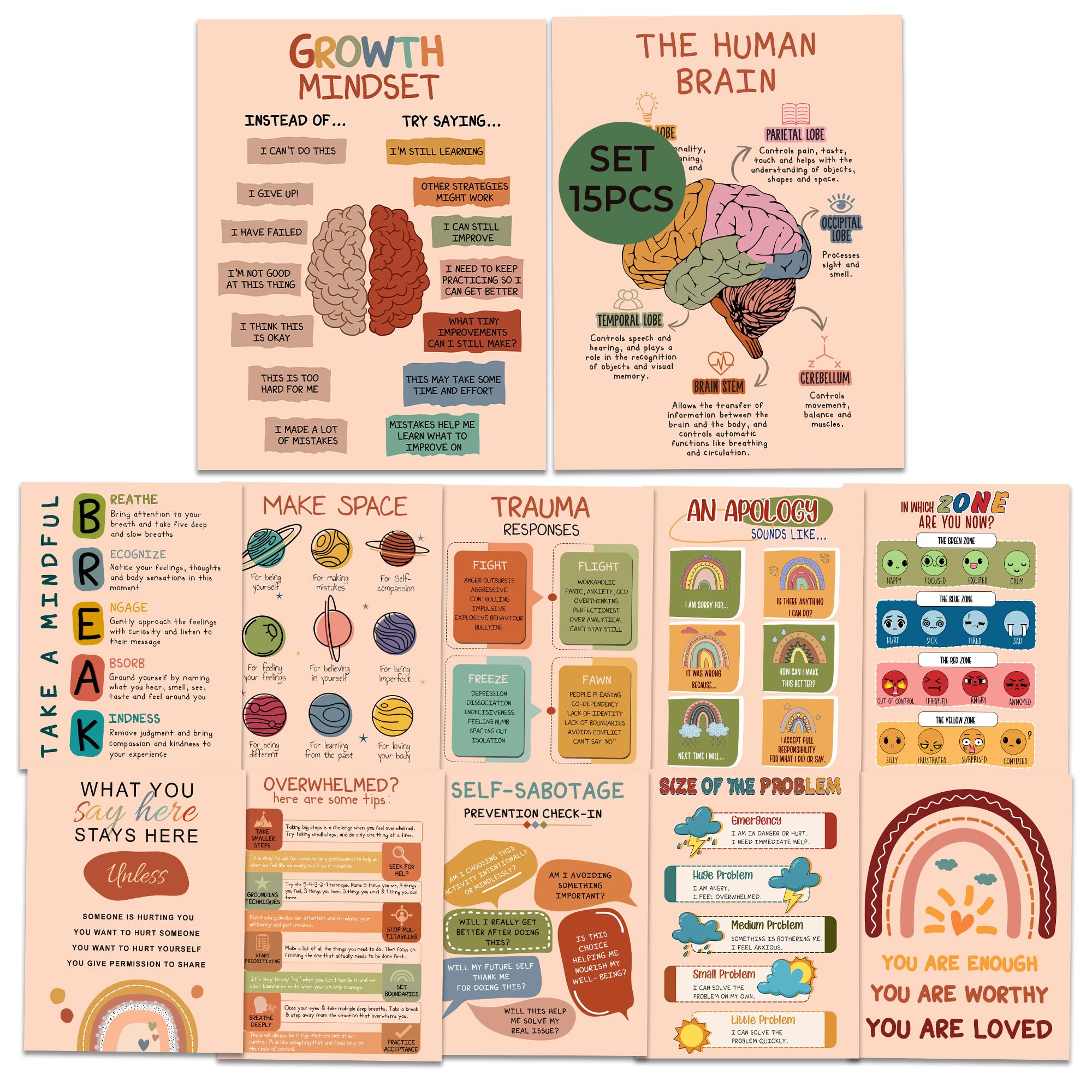 Amazon.com: LOLUIS 15 Pcs Mental Health Posters, Boho Therapy Tools ...