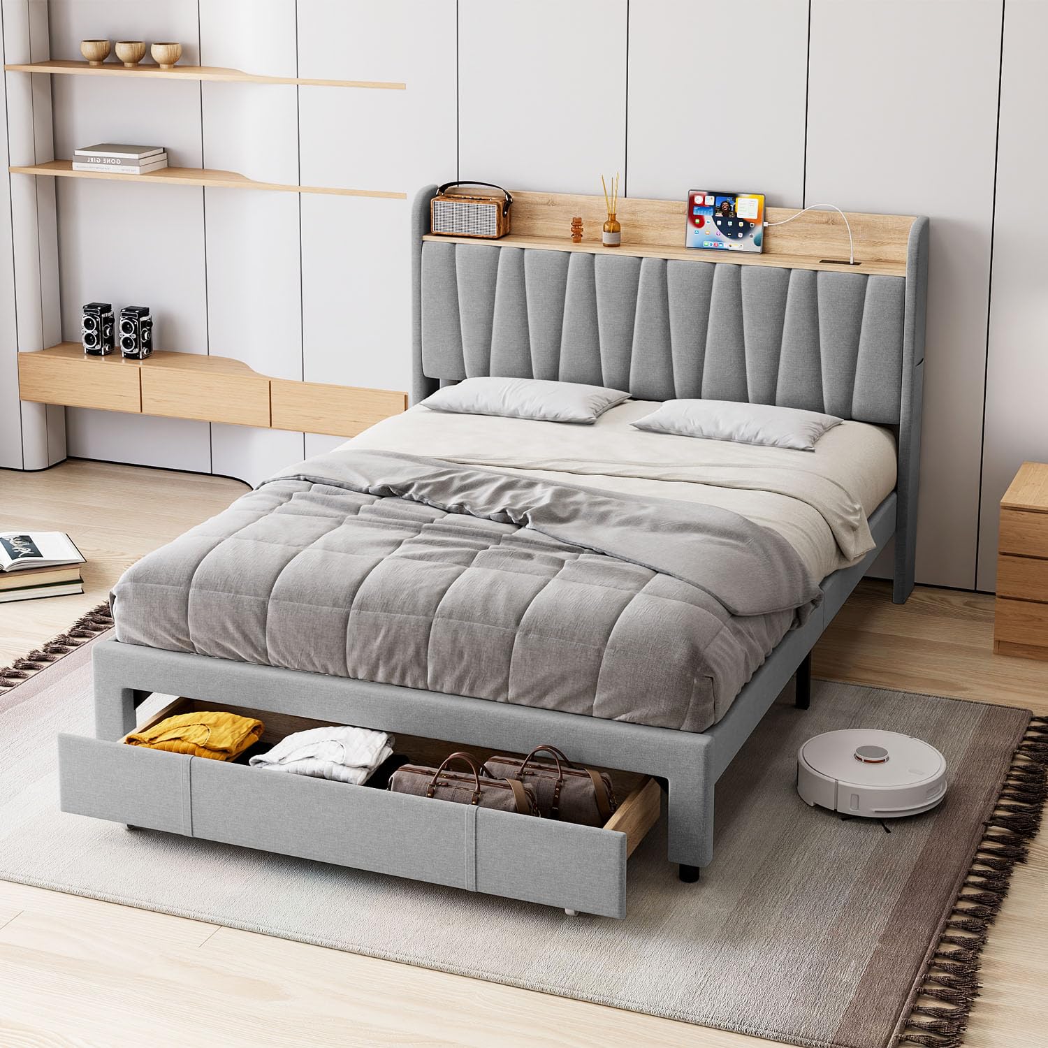Amazon.com: GAOMON Full Size Bed Frame with Storage Drawer, Upholstered ...