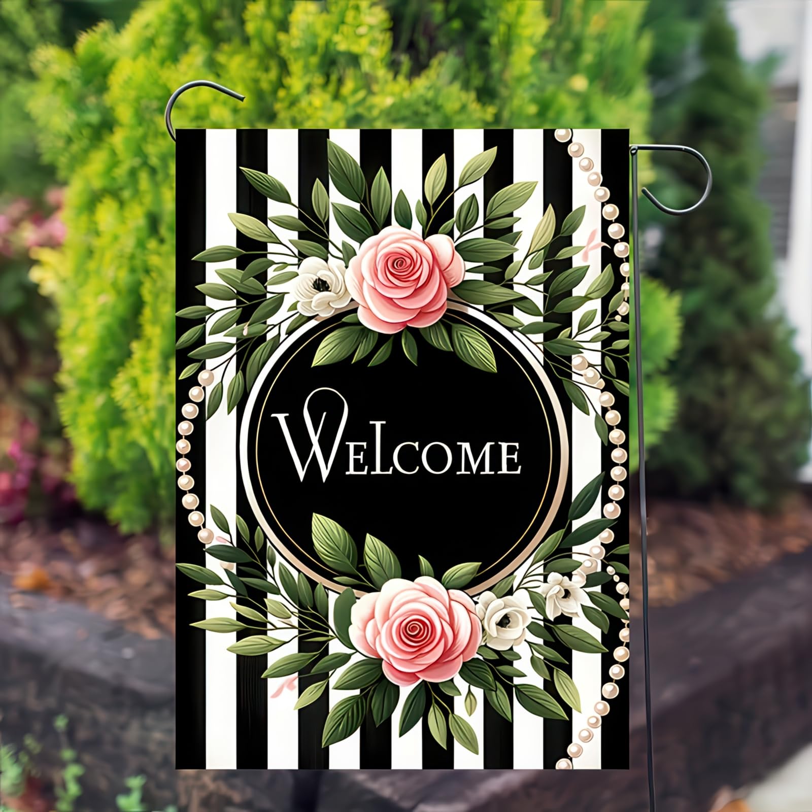 Amazon.com : Welcome Garden Flag with Pink Roses and Black and White ...