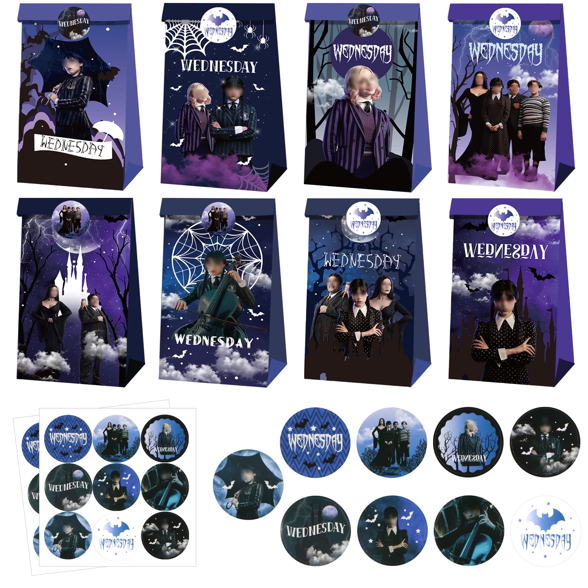 Byhaapy 16pcs Wednesday Theme Party Gift Bags with 2 Sheets Stickers ...