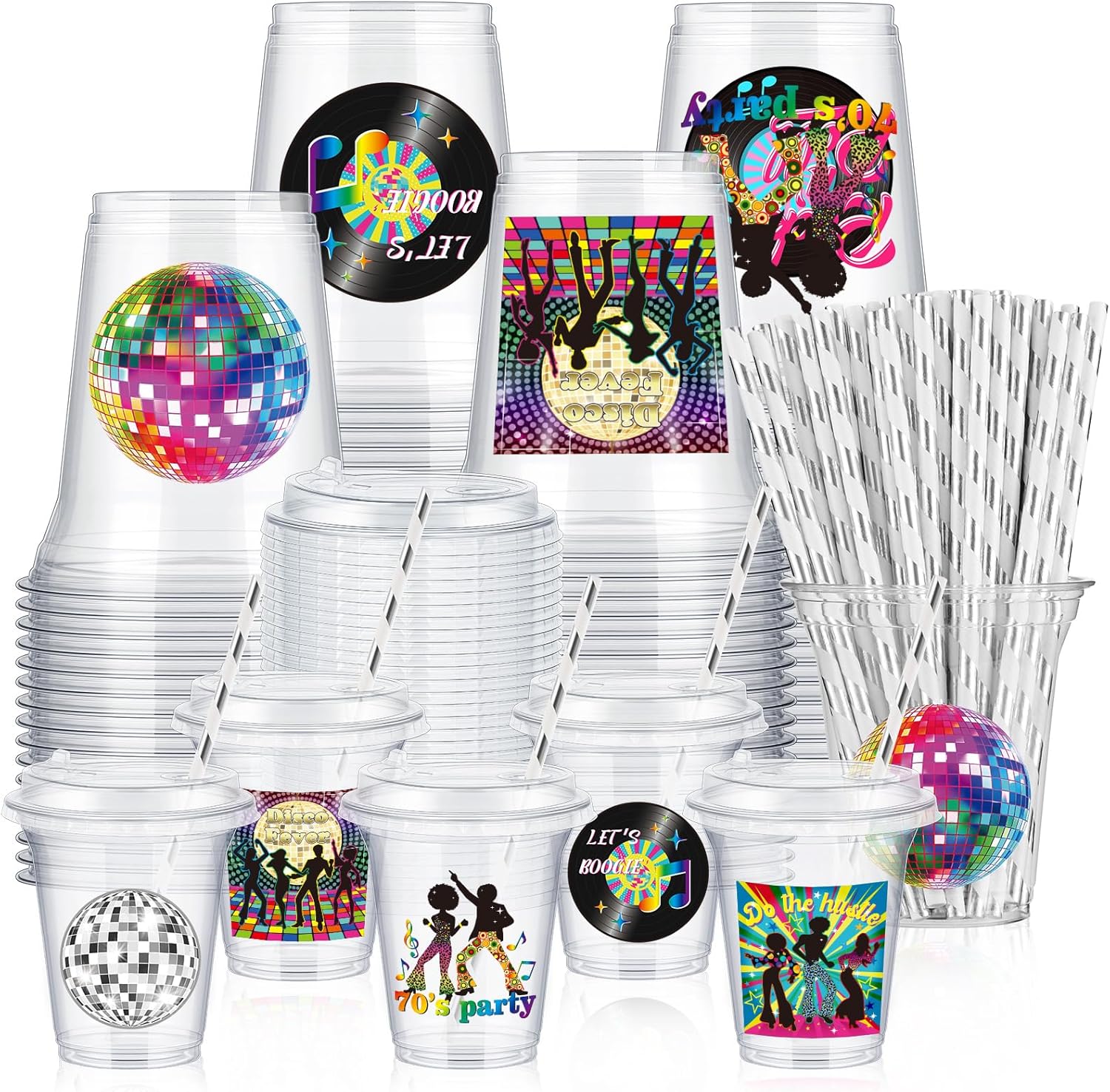 Amazon.com: Boao 36 Sets 70s Disco Cups with Lids and Paper Straws 14 ...