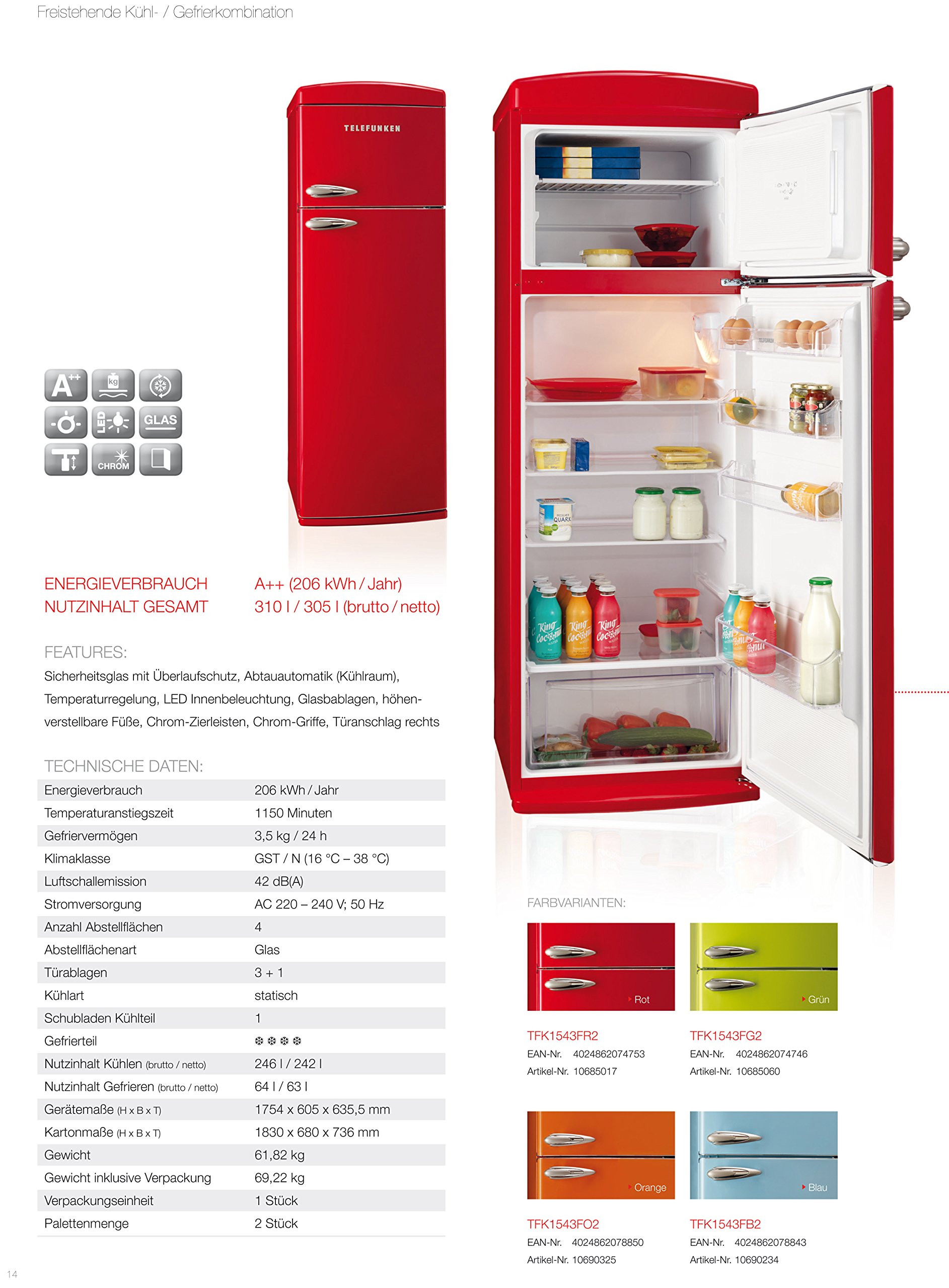 Telefunken TFK1543FB2 Fridge-Freezer Energy Efficiency Class A++ / 175. ...