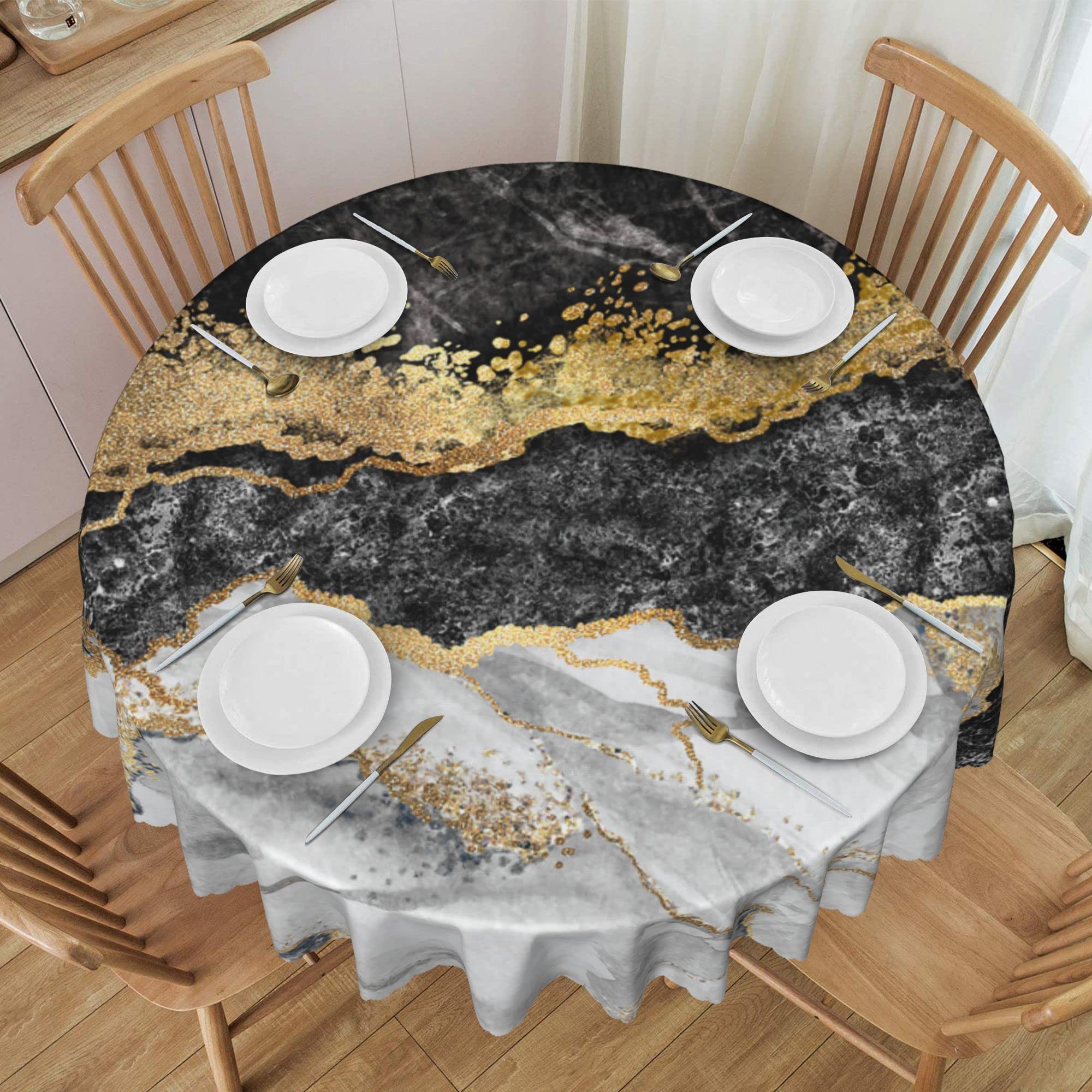 Marble Texture Modern Abstract Black White Gold, Round Tablecloth ...