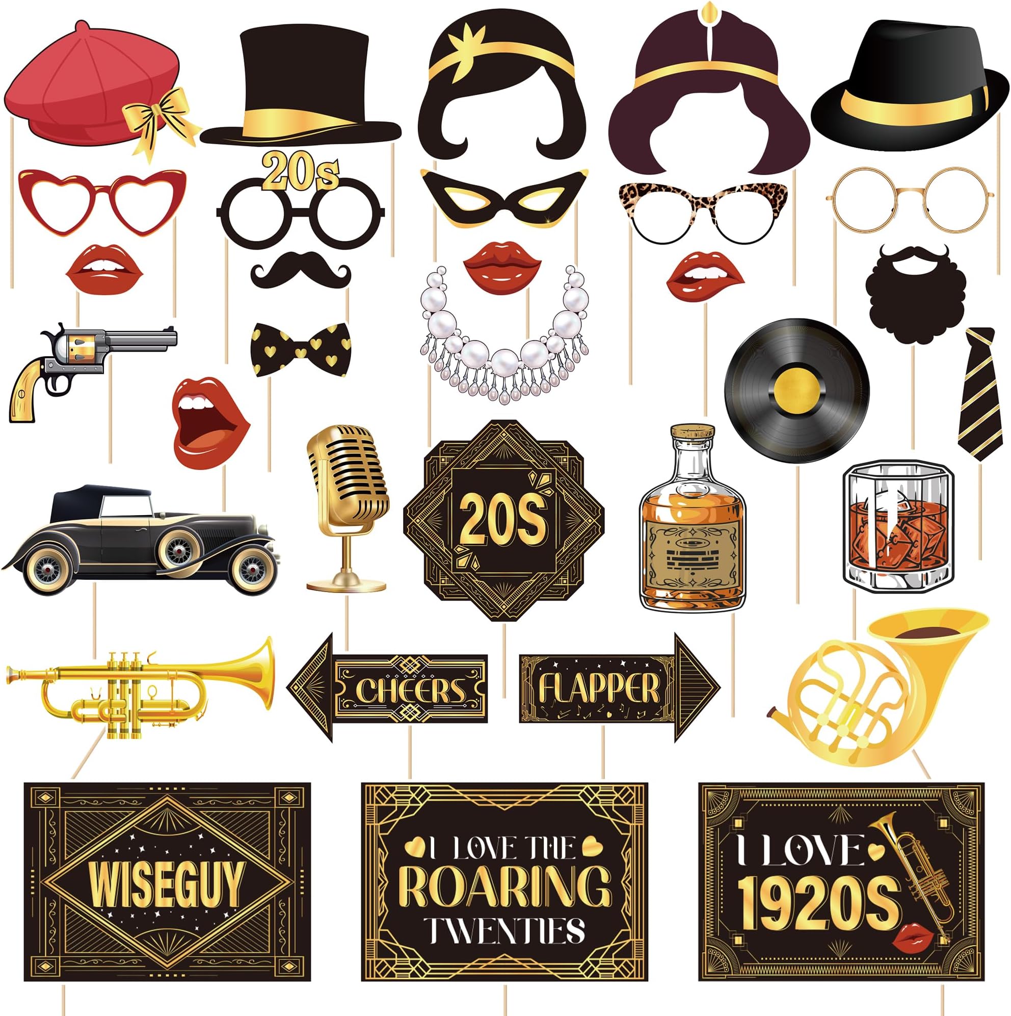 Amazon.com: Roaring 1920's Party Photo Booth Props 42pcs, Twenties Jazz ...