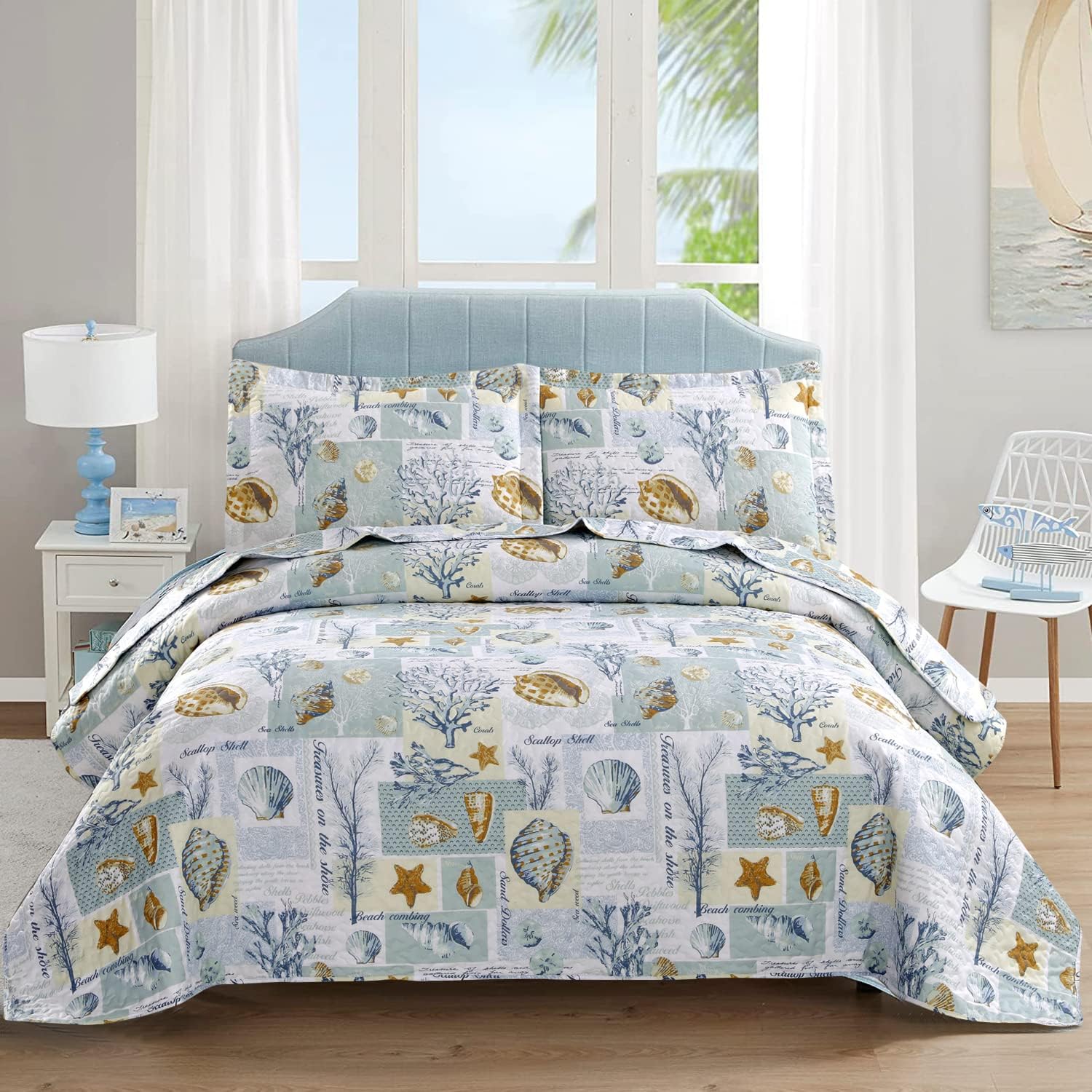 Amazon.com: Coastal Quilt Set Full/Queen Size Ocean Themed Bedding ...