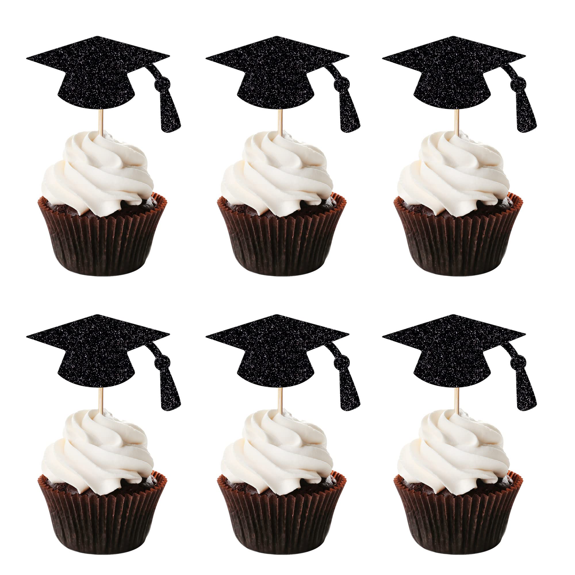 Amazon.com: Leetaivie 24pcs Graduation Cupcake Topper - Black Glitter ...