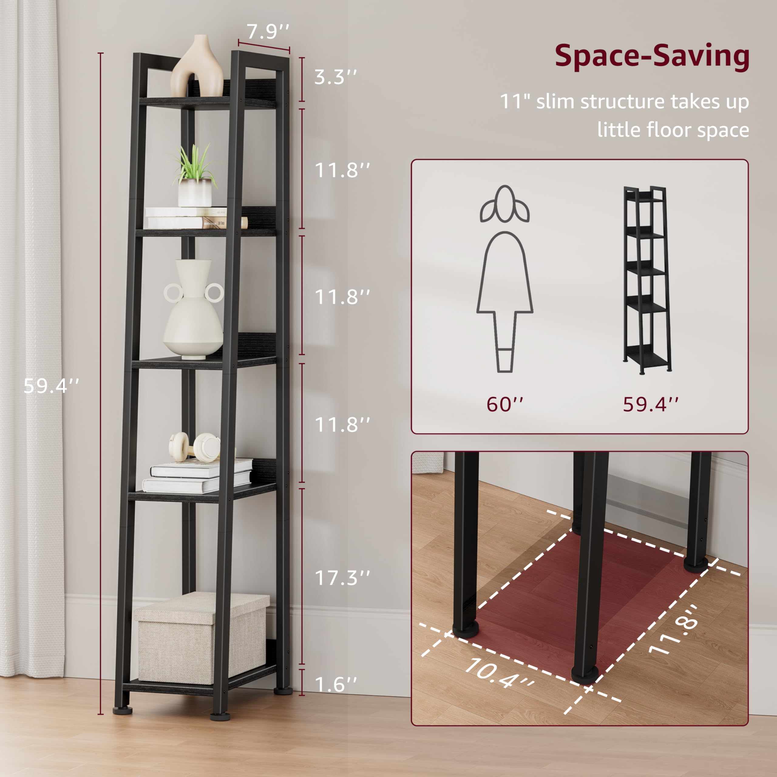 Snapklik.com : KLUVIS Narrow Ladder Shelf For Small Spaces - 5 Tier ...