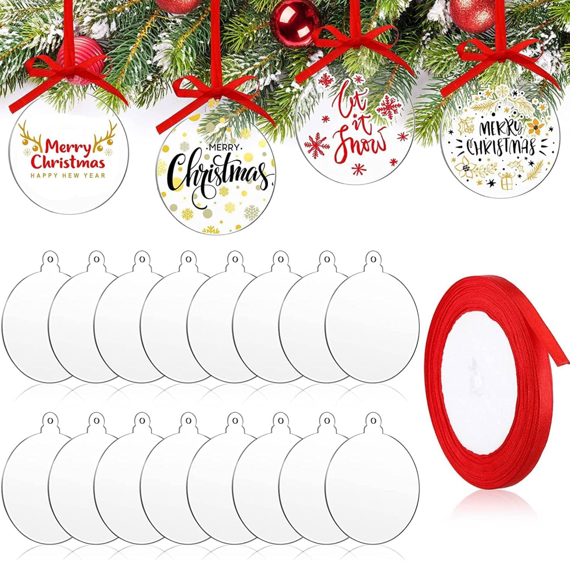 16 Pieces Clear Round Acrylic Christmas Ornament with Red Ribbon DIY ...