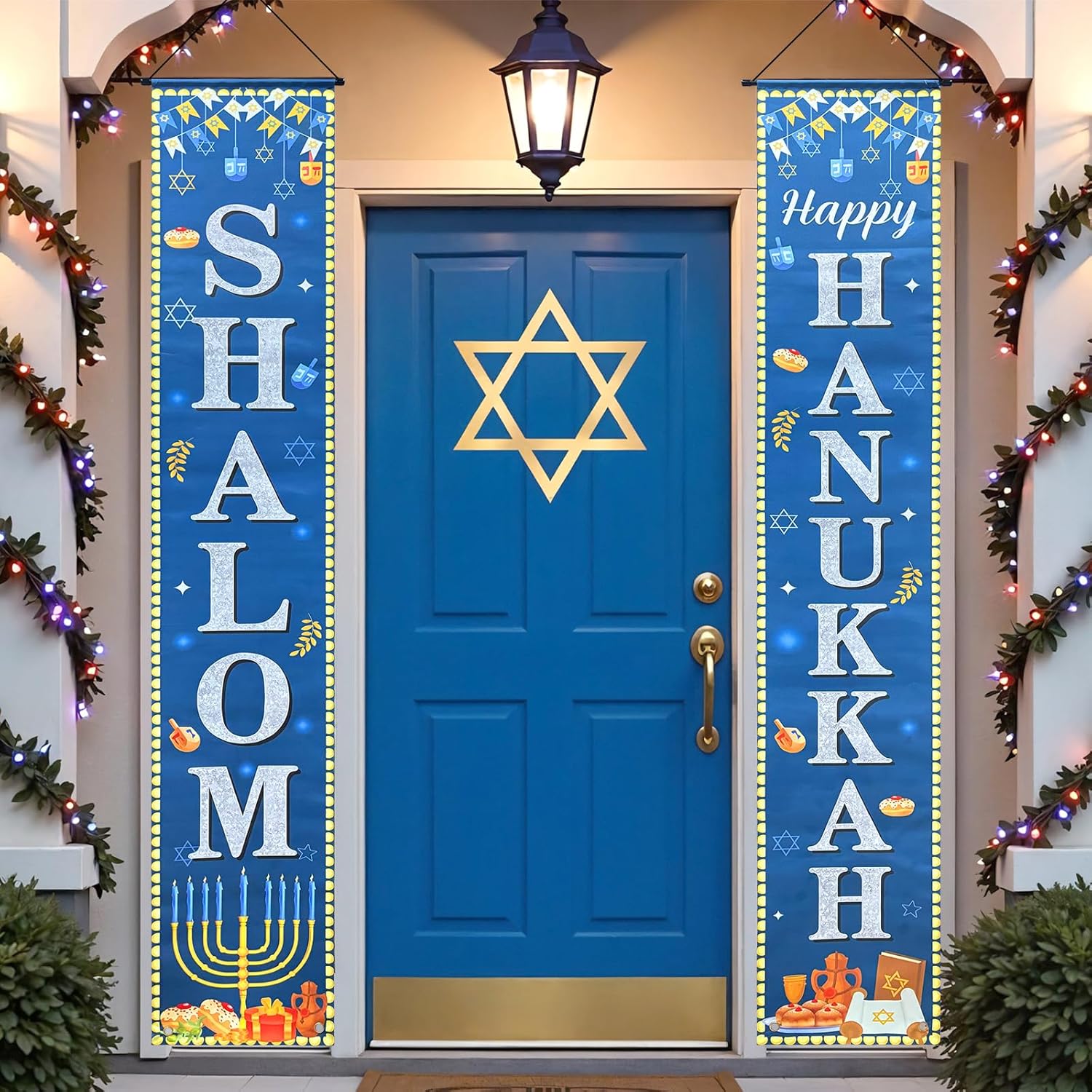 Amazon.com: Shalom Happy Hanukkah Porch Sign Door Banner Indoor Outdoor ...