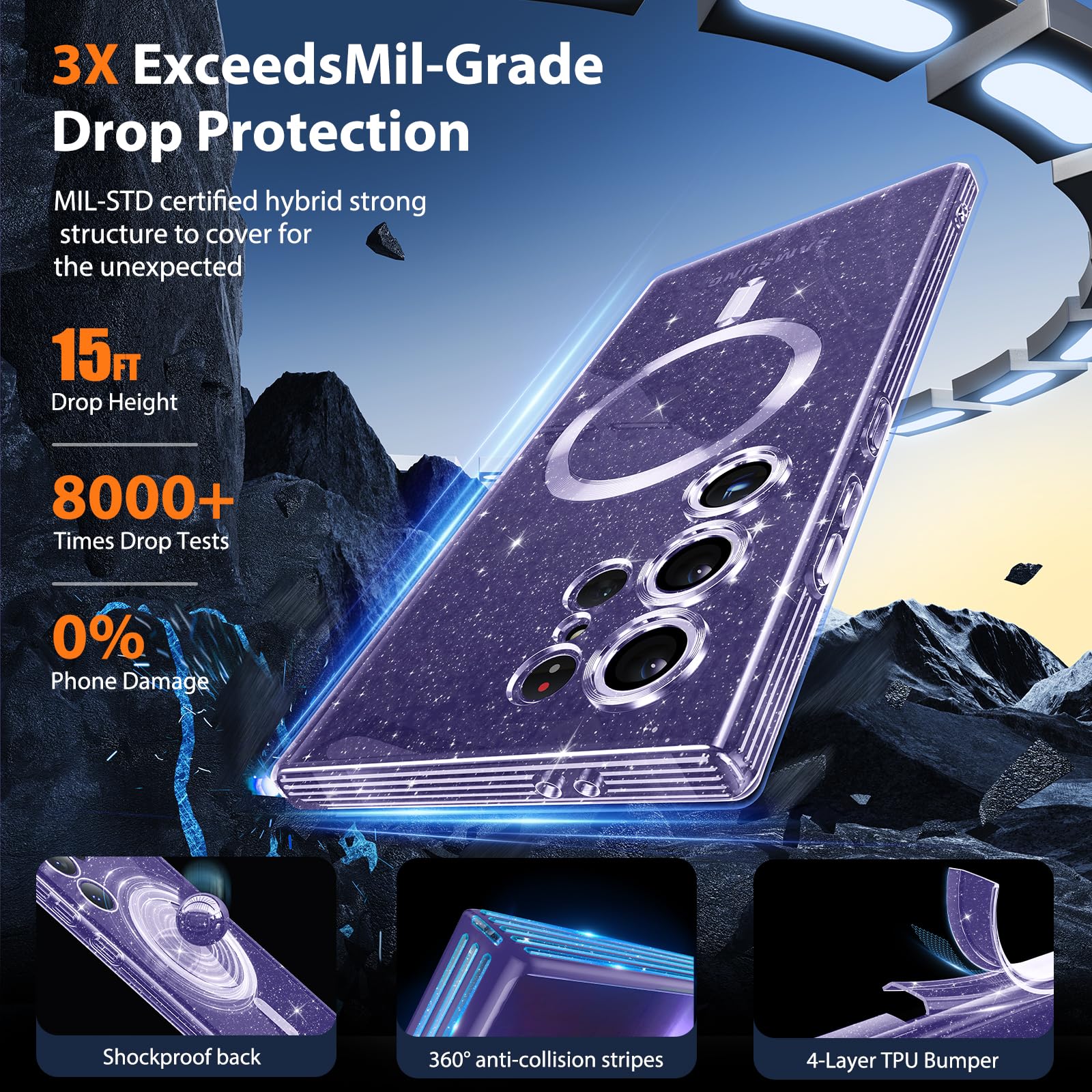 Snapklik.com : B Labs 3 In 1 Glitter Clear For Samsung Galaxy S24 Ultra Case Magnetic Compatible