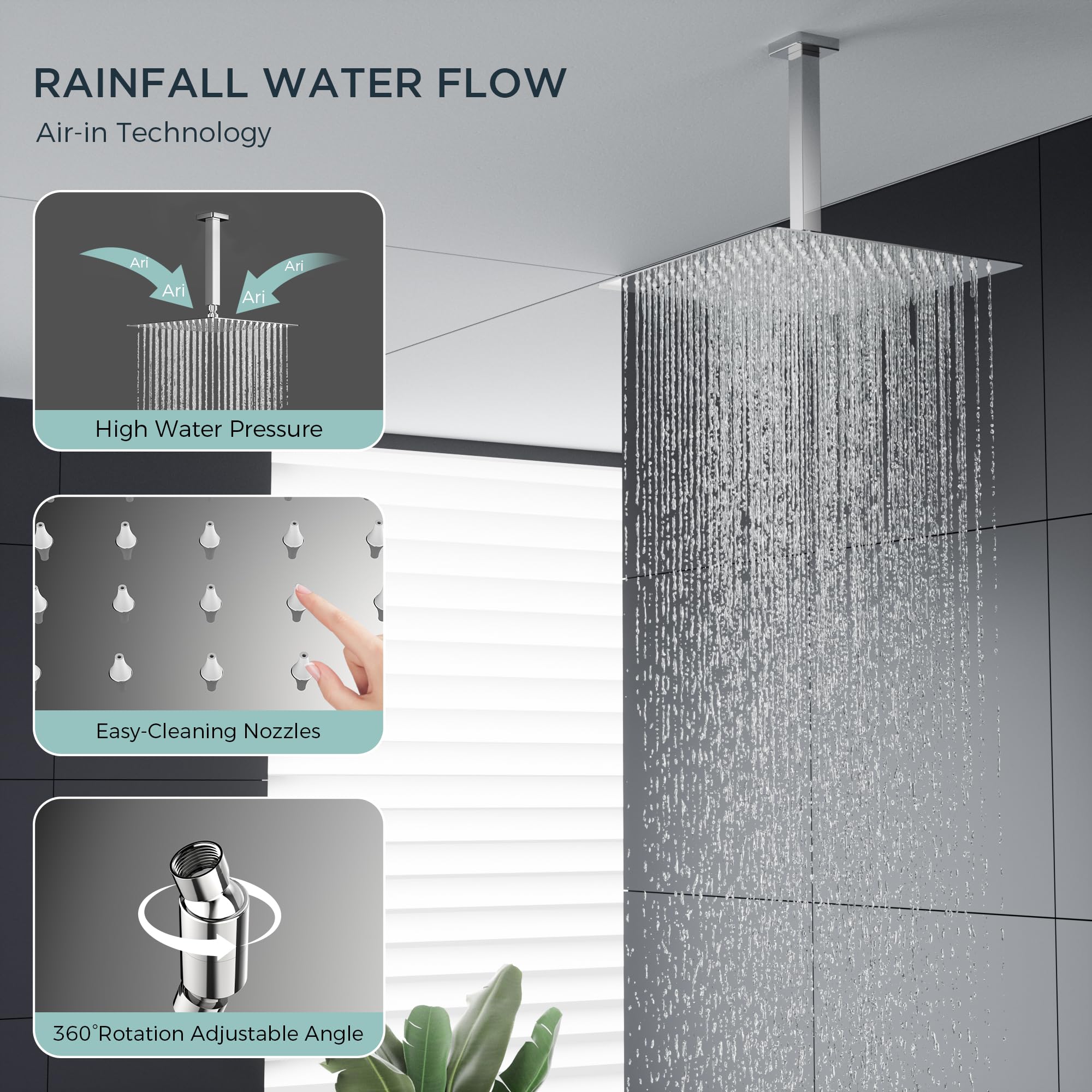 Snapklik.com : FORIOUS 12 In Rainfall Shower System - Ceiling Mount,Chrome Rain Shower Heads