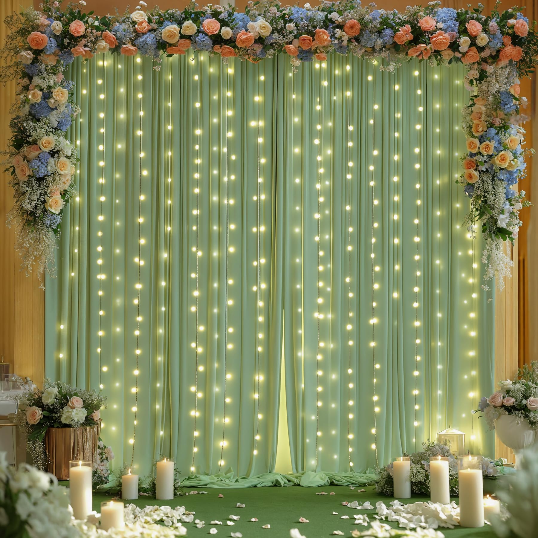 Amazon.com : 10x10ft Sage Green Backdrop Curtain with Lights for ...