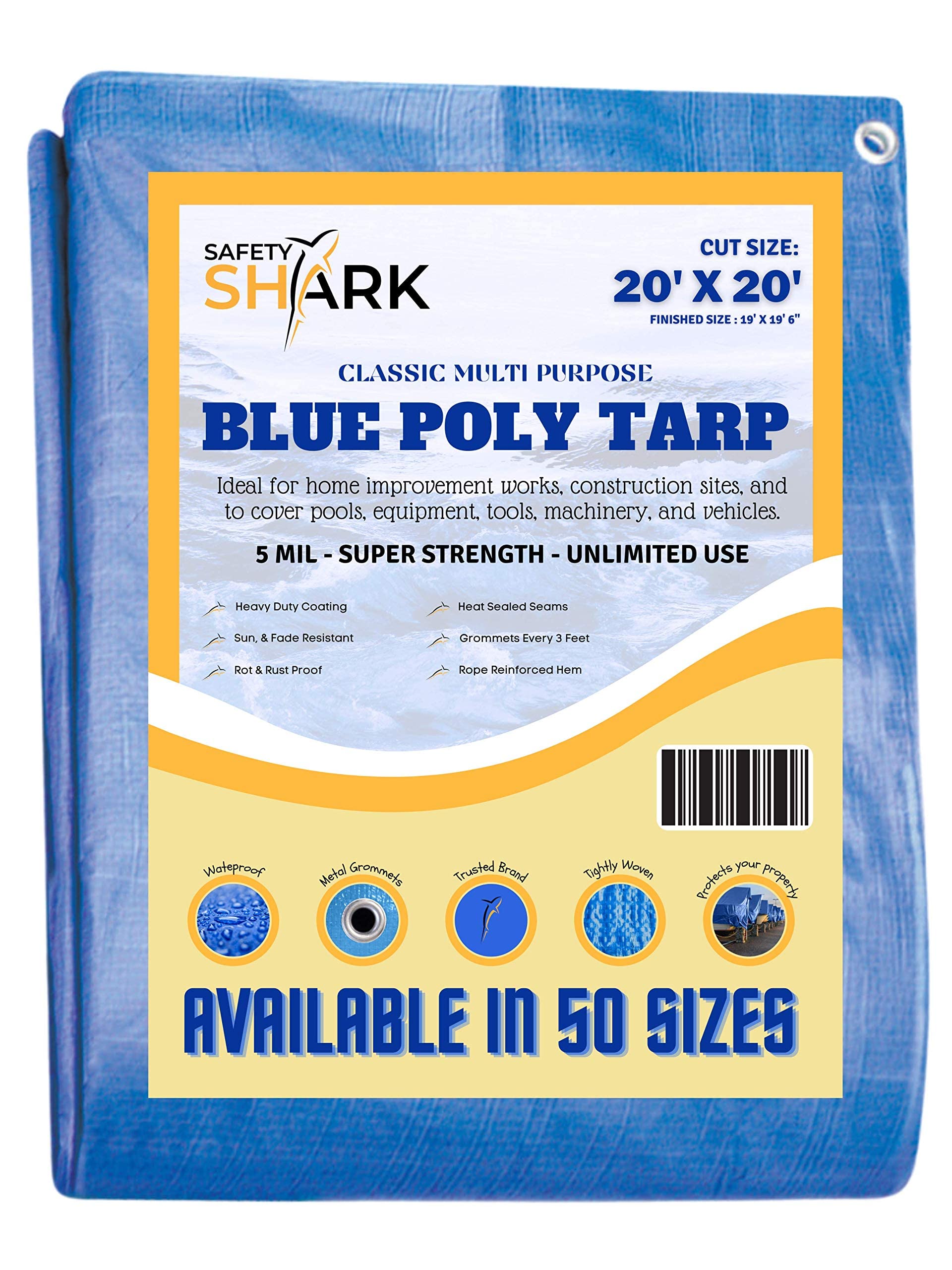 Safety-Shark Tarps Heavy Duty Waterproof - 20x20 Feet - 5 Mil Thick ...
