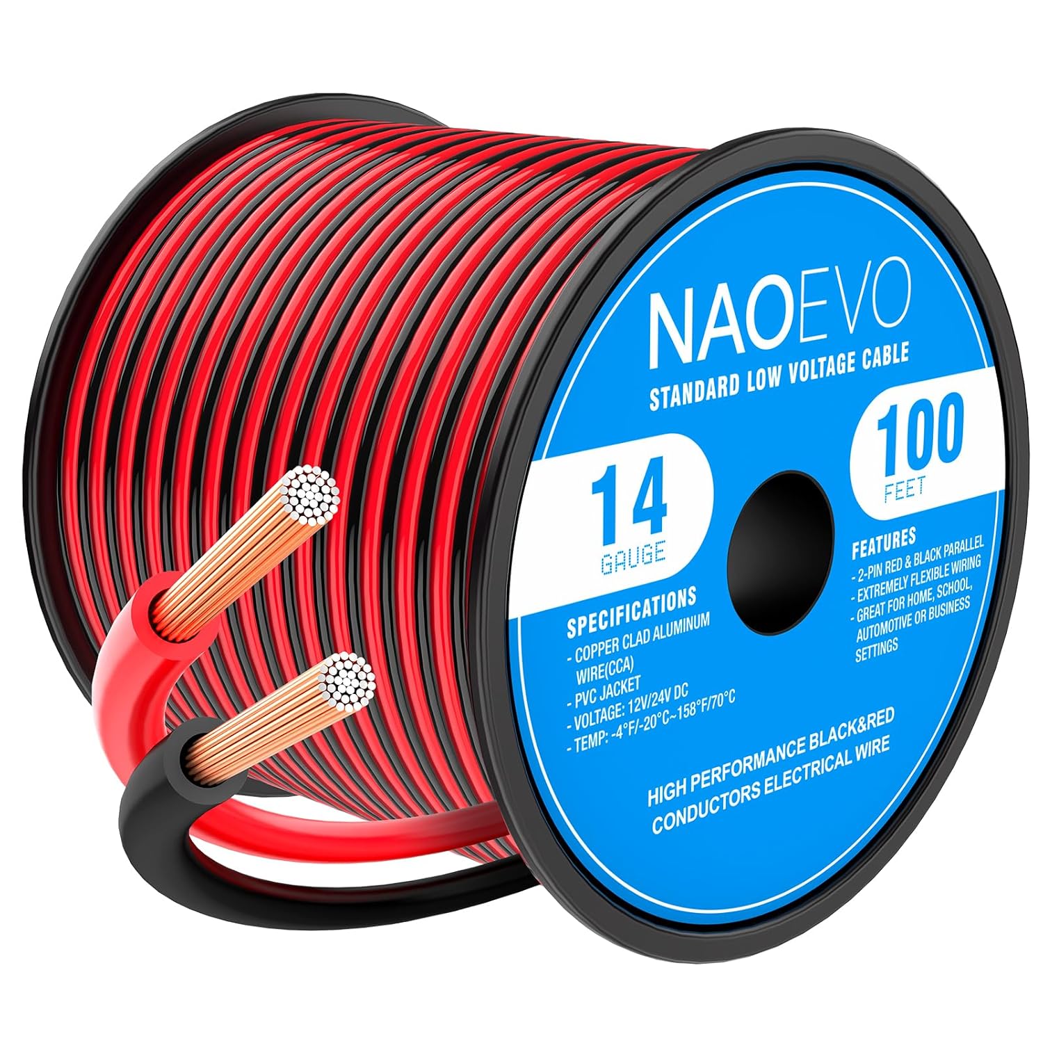 NAOEVO 14 Gauge Wire 100FT, 2 Conductors Electrical Wire Red Black ...