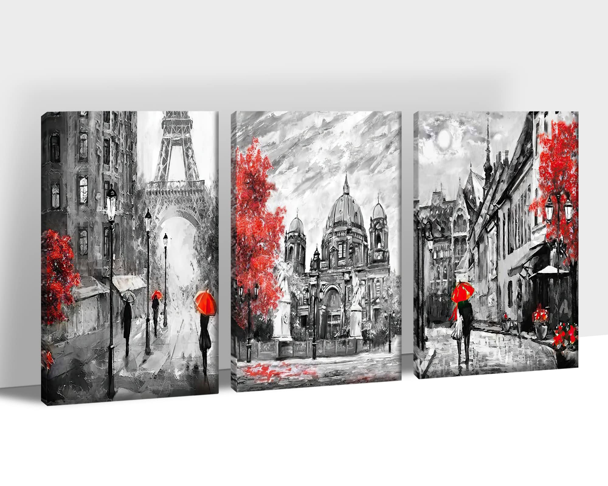 Red Paris London Canvas Wall Art, 3 Piece Canvas Prints, Romantic Paris Landscape Pictures for ...