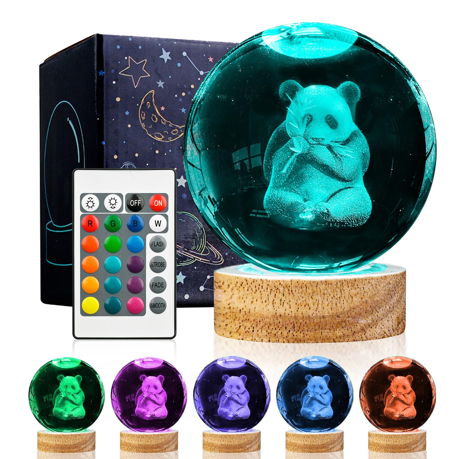 3D Panda Crystal Ball Night Light with 16 Color LED Wooden Base ...
