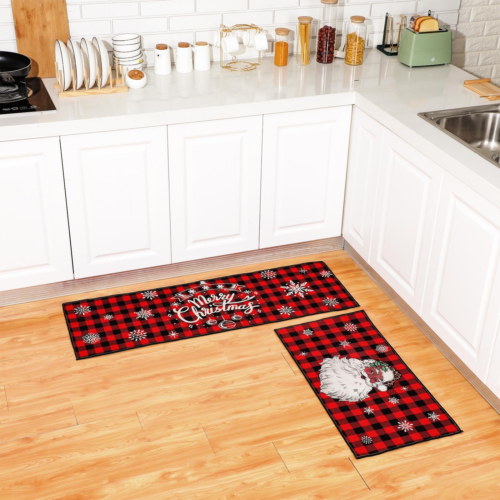 2 Set Christmas Kitchen Rugs Santa Claus Kitchen Rugs Xmas Red Black ...