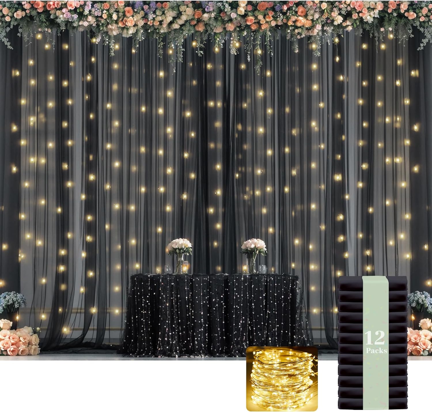 Amazon.com : 60ft X 10ft Black Backdrop Curtains with Lights String for ...