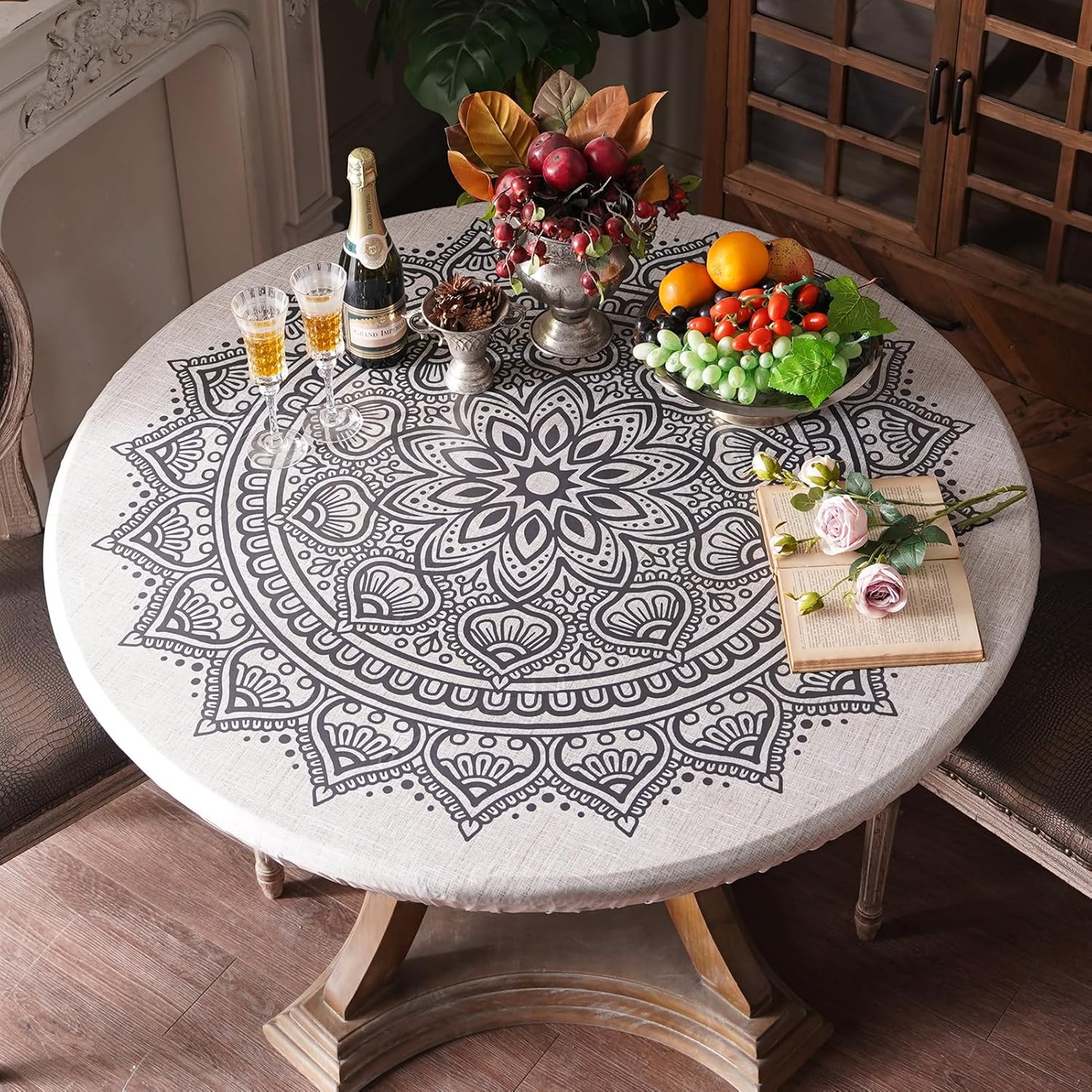 Amazon.com: Artbloss Fitted Round Tablecloth with Elastic Waterproof ...