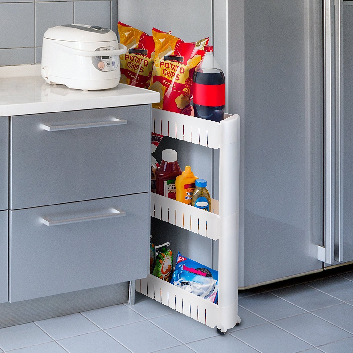 House of Quirk Slim 3-Tier Plastic Side-Storage Rack Shelf with Wheels ...